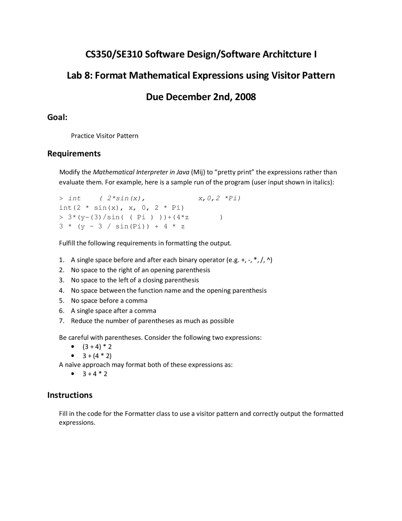 Lab 8 Format Mathematical Expressions Using Visitor Pattern Cs 350
