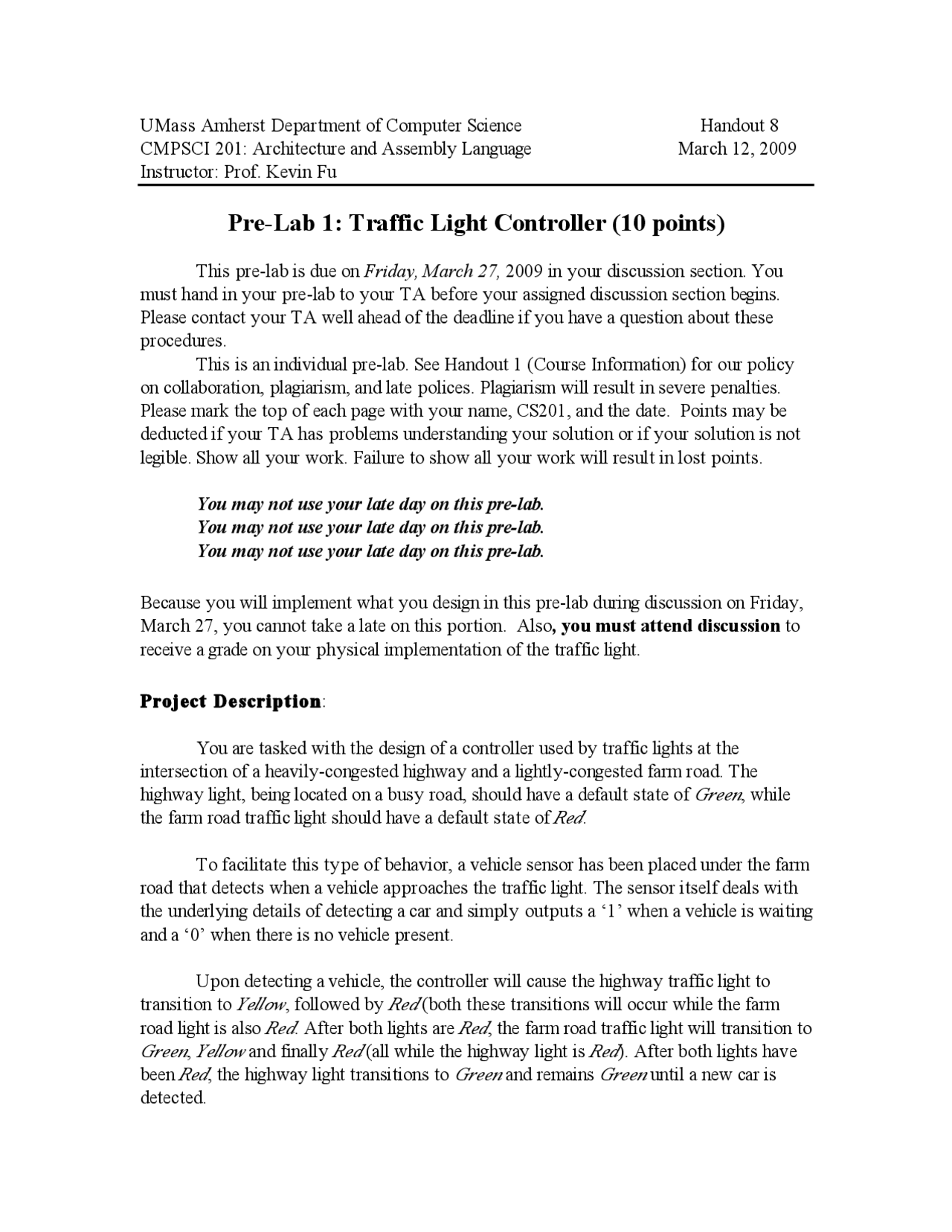Pre Lab 1 Traffic Light Controller Architecture And Assembly Language Cmpsci 201 Docsity