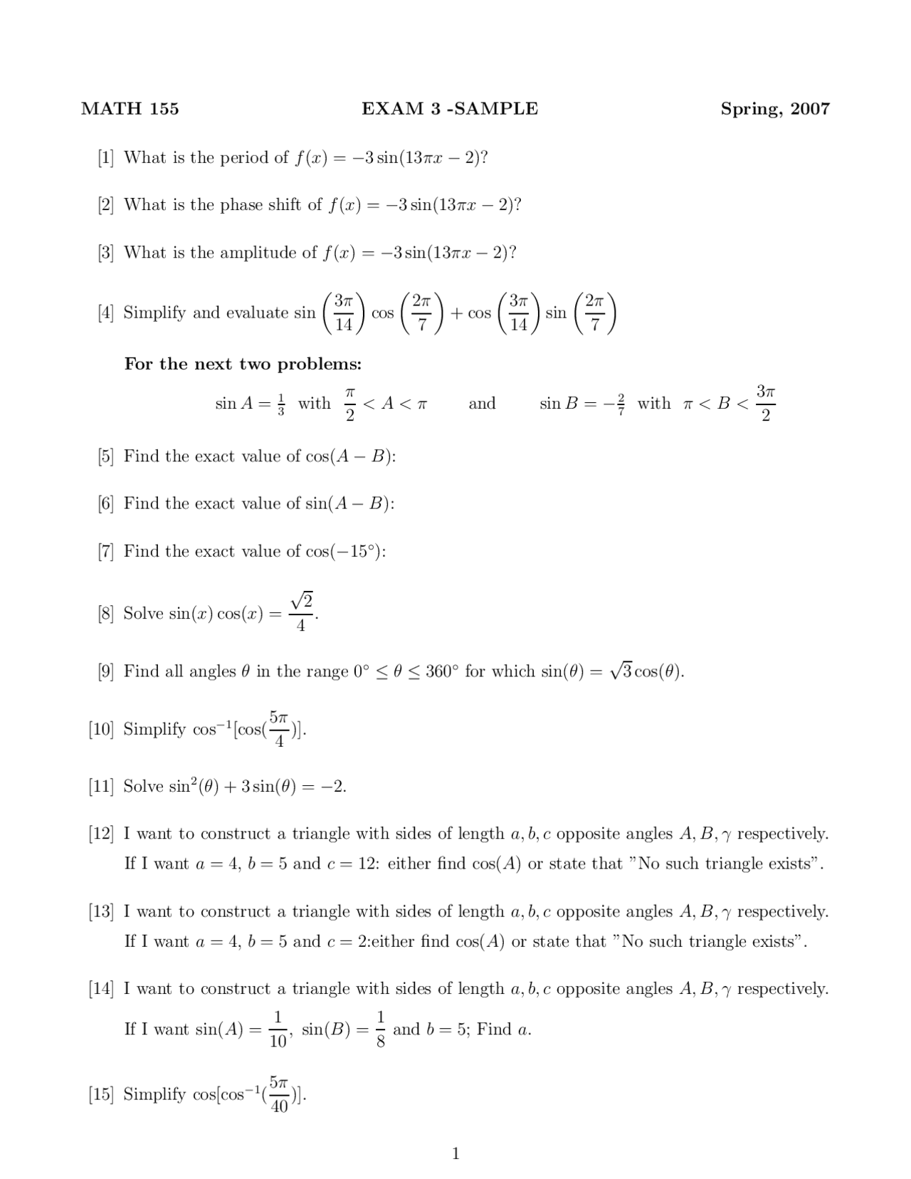 Exam 3 Sample Questions Trigonometry And Elementary Functions Math