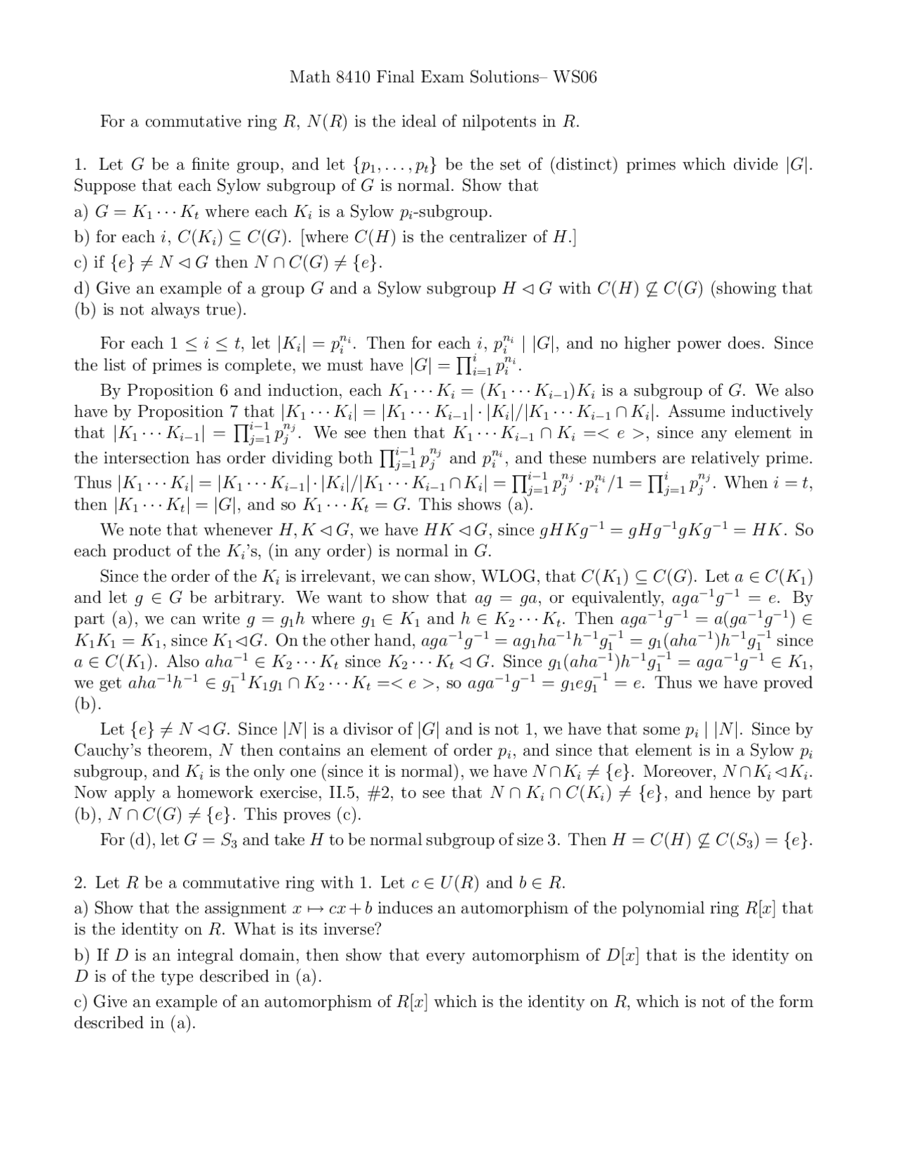 Final Exam Solutions For Algebra I Math 8410 Docsity