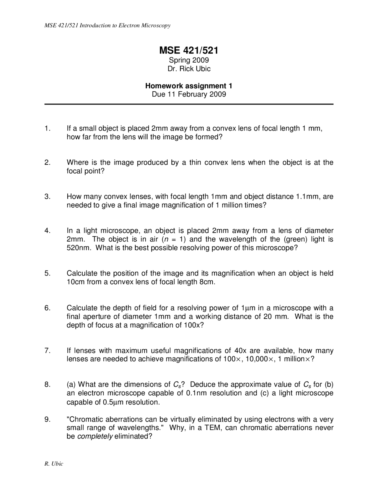 Homework 1 Introduction To Electron Microscopy Mse 421 Docsity