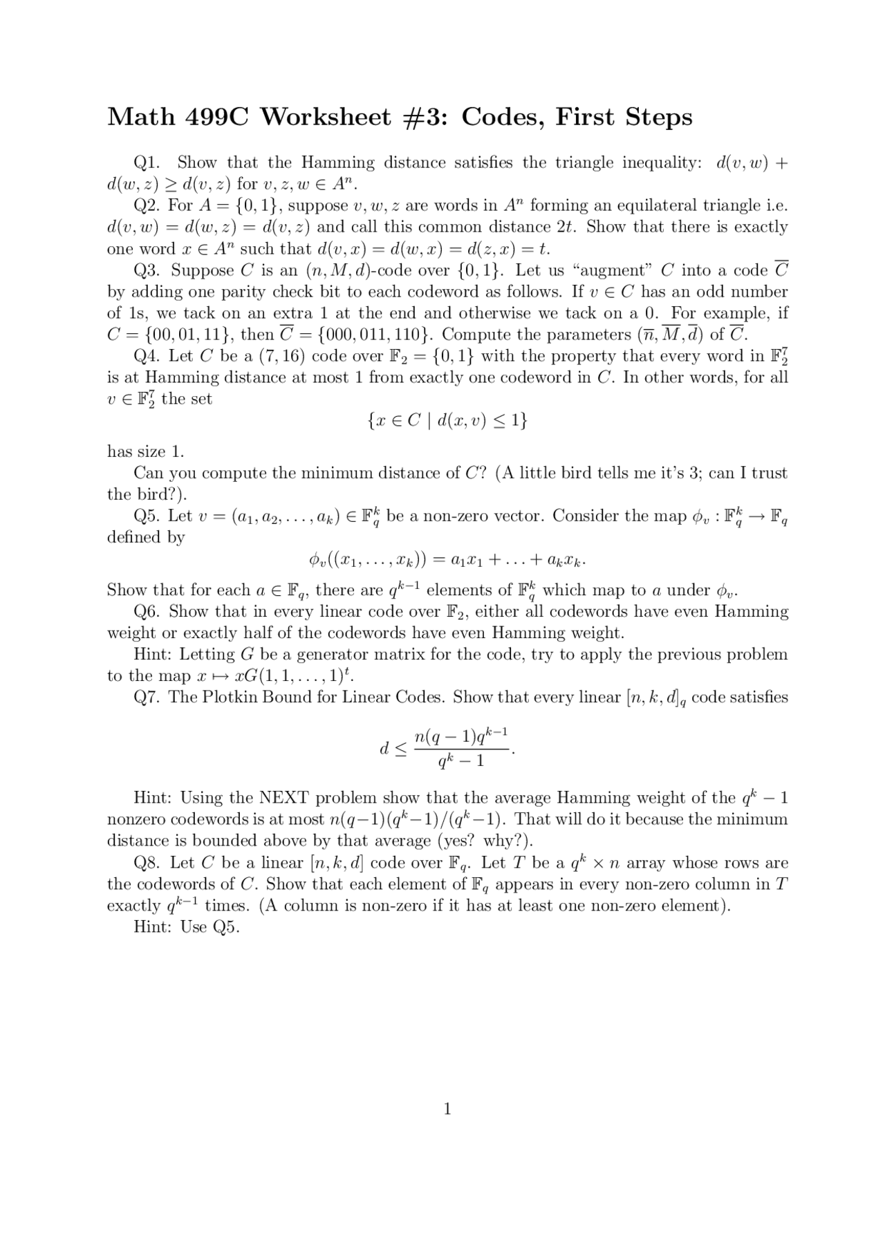 Worksheet 3: Codes, First Step - Capstone Course I | MATH 499 - Docsity