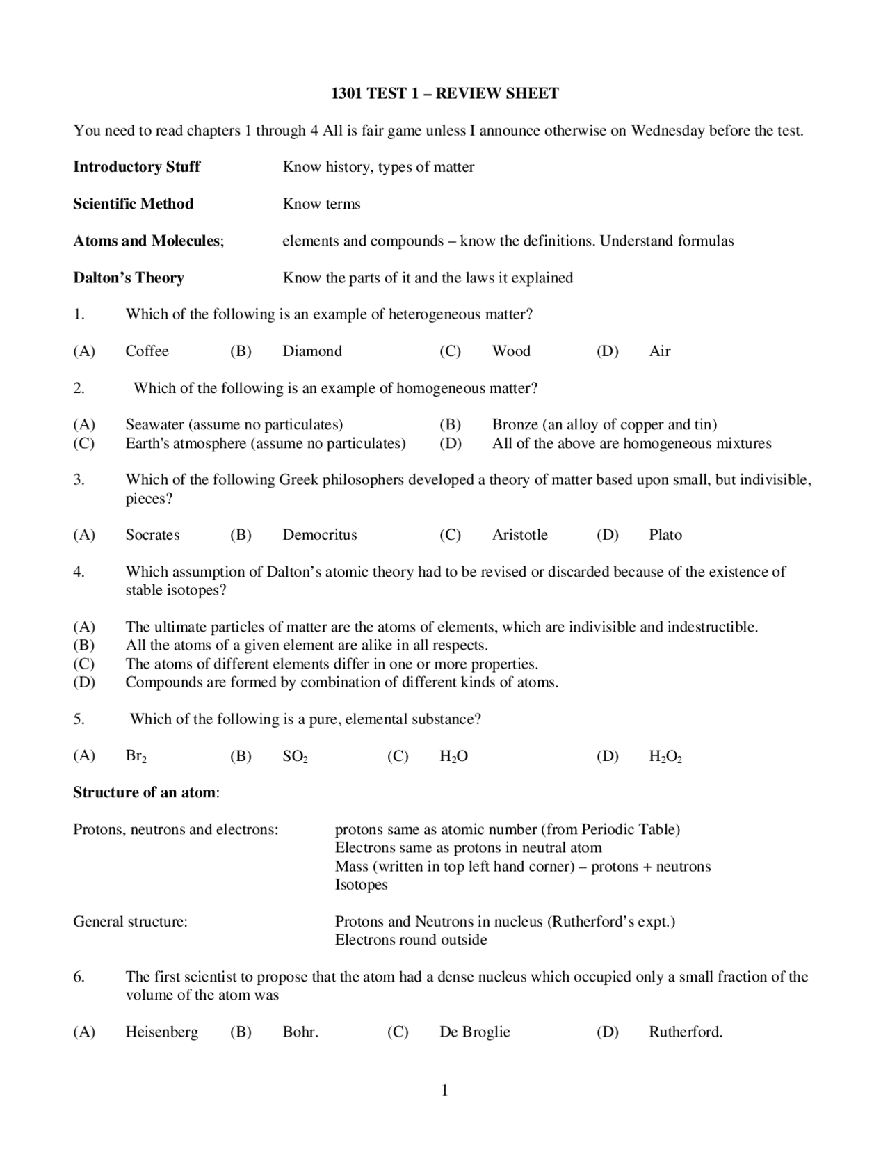 57 Questions On Foundations Of Chemistry With Answers Exam 1 Chem