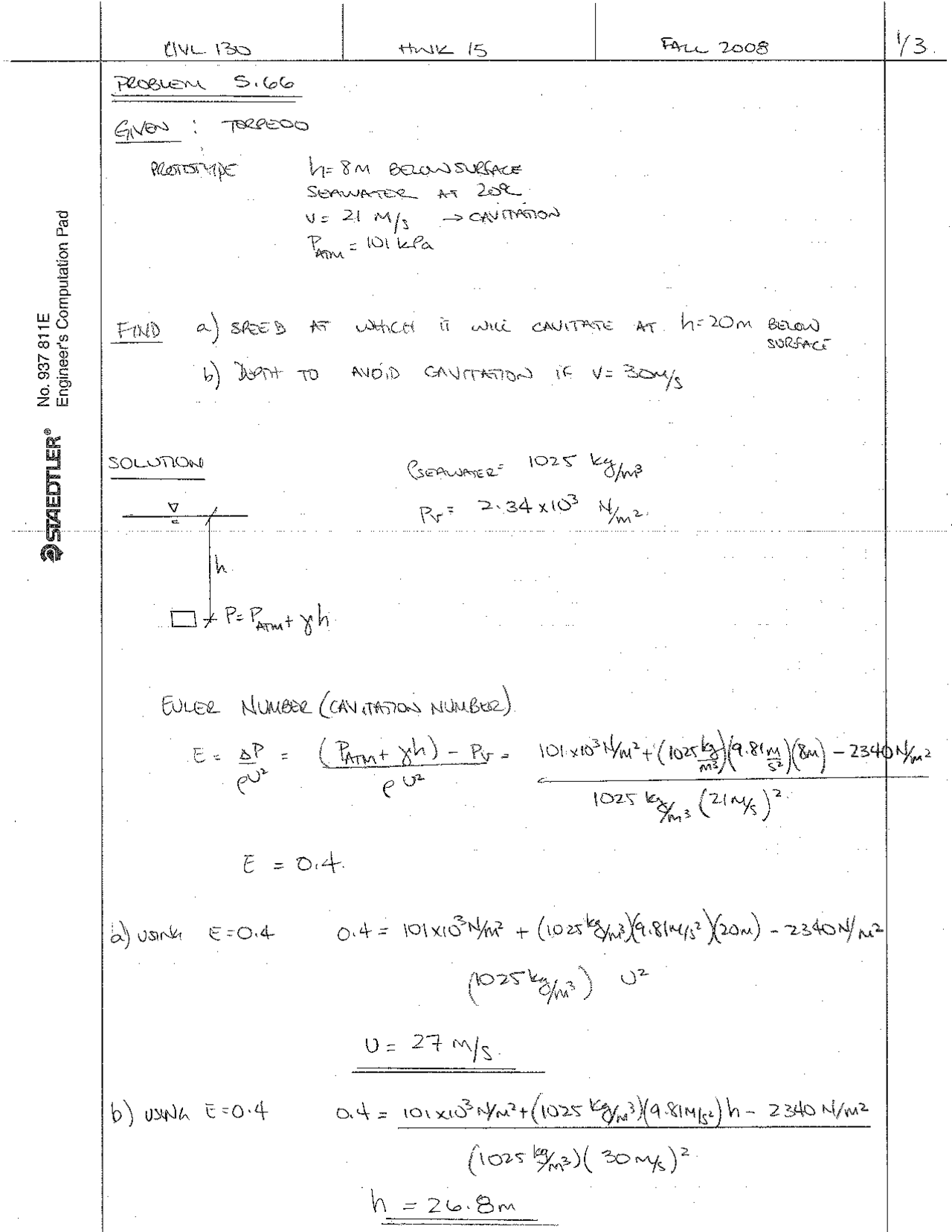 3 Solved Problems on Fluid Mechanics l - Assignment 15 | CIVL 130 - Docsity