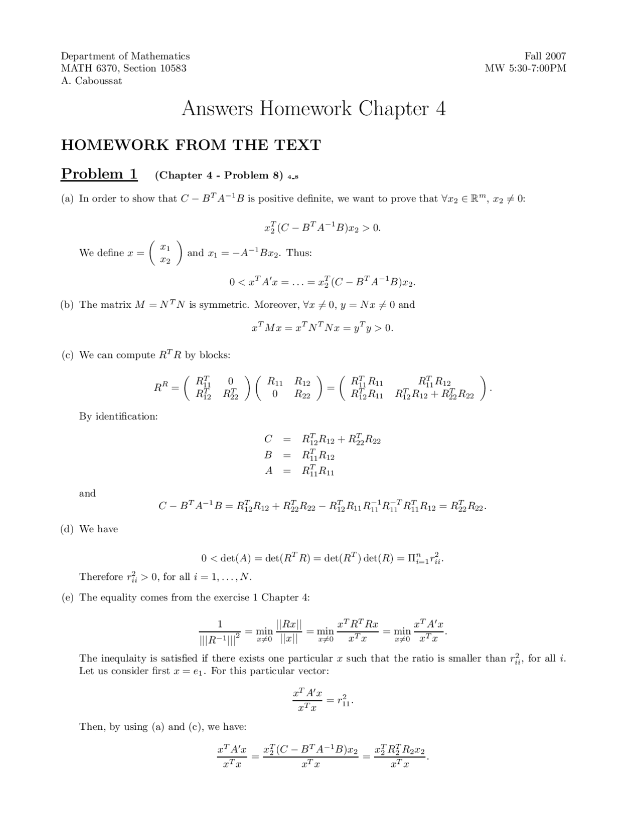 Solved Problems On The Definite Matrix Homework Math 6370 Docsity