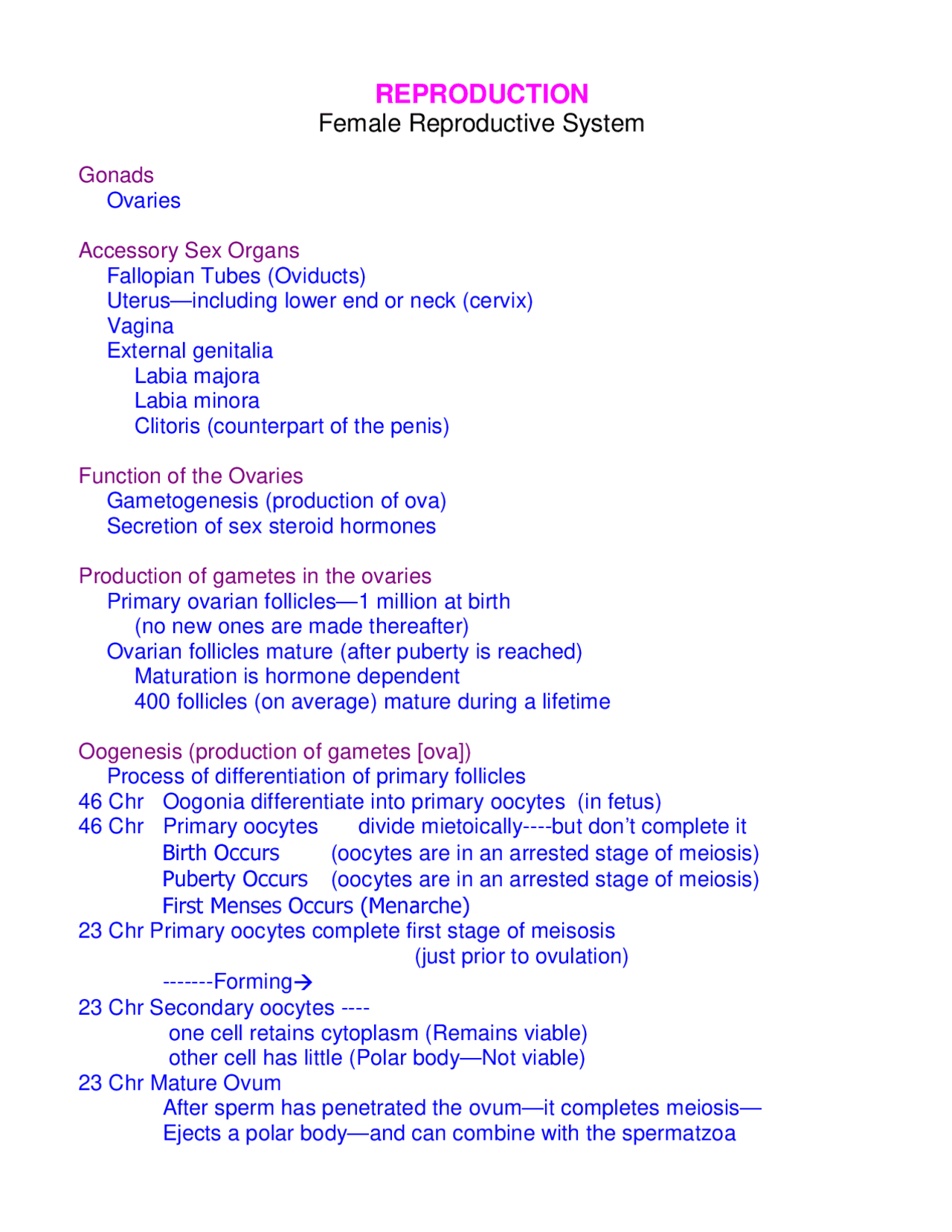 Female Reproductive System - Human Physiology | BIOS 355 - Docsity