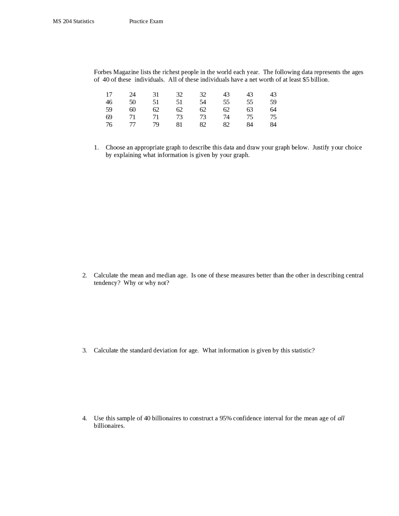 Practice Final Exam - Basic Statistics | MS 204 - Docsity