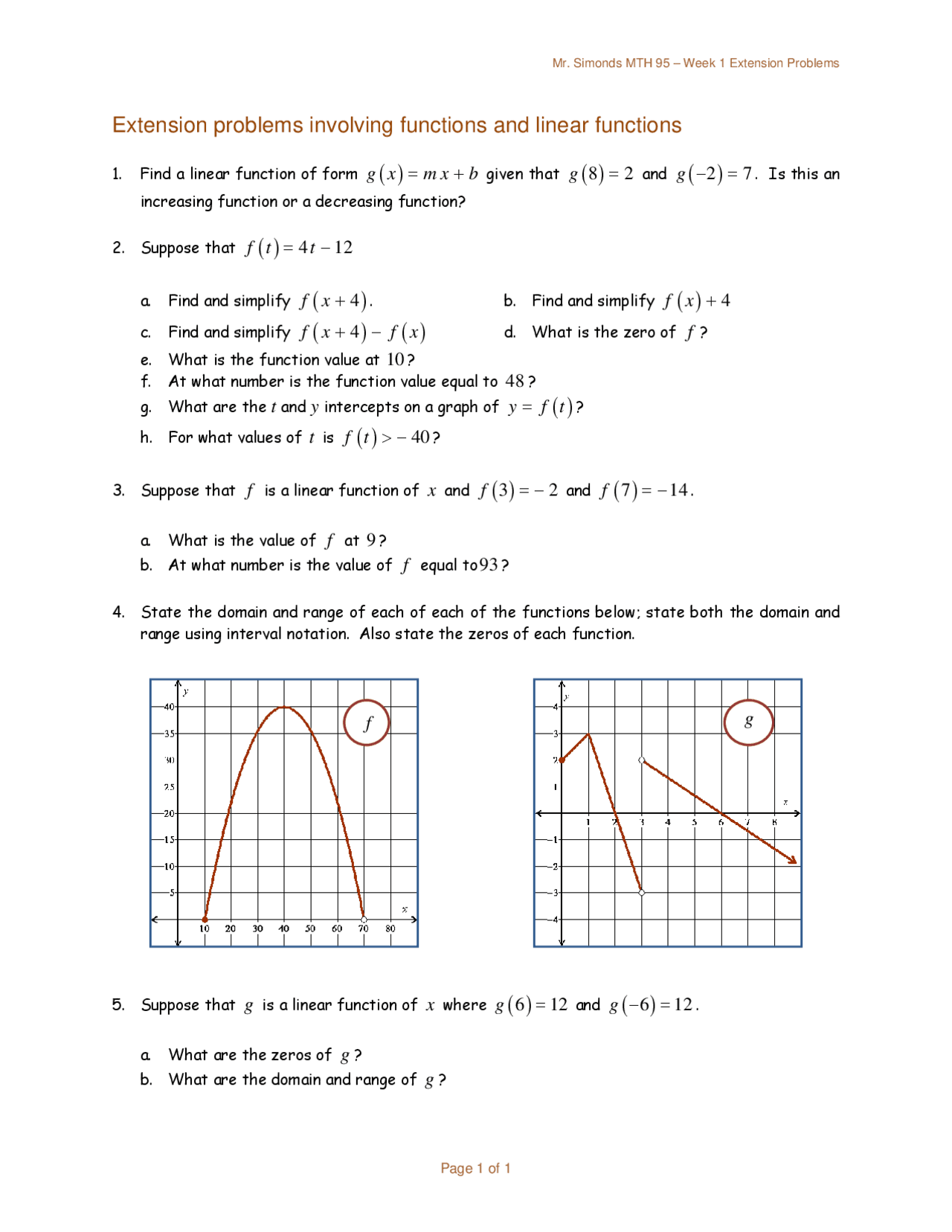 Extension Problems: Linear Functions and Function Values | Assignments Algebra | Docsity