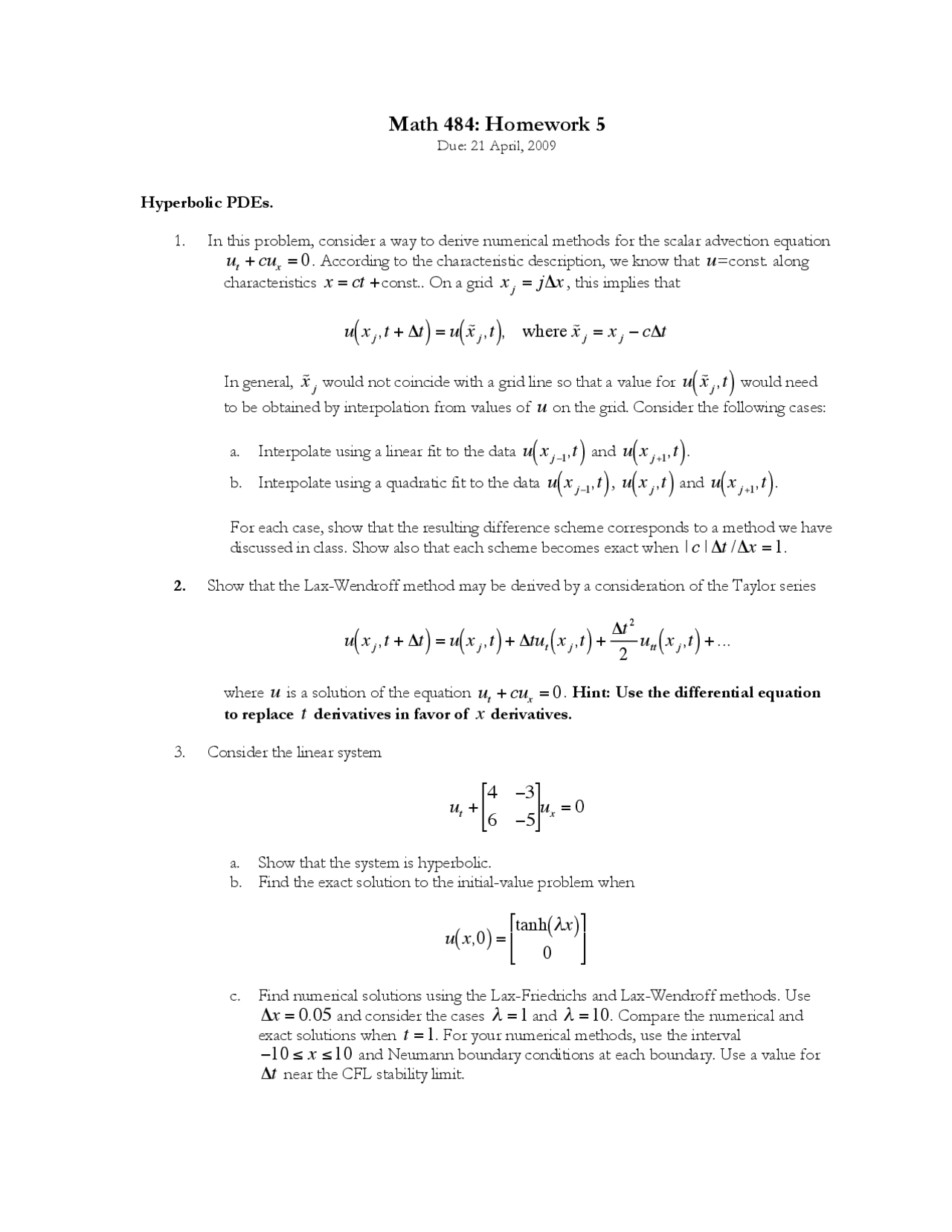 Homework 5 Mathematical And Computer Modeling Fall 2009 Math 484 Docsity
