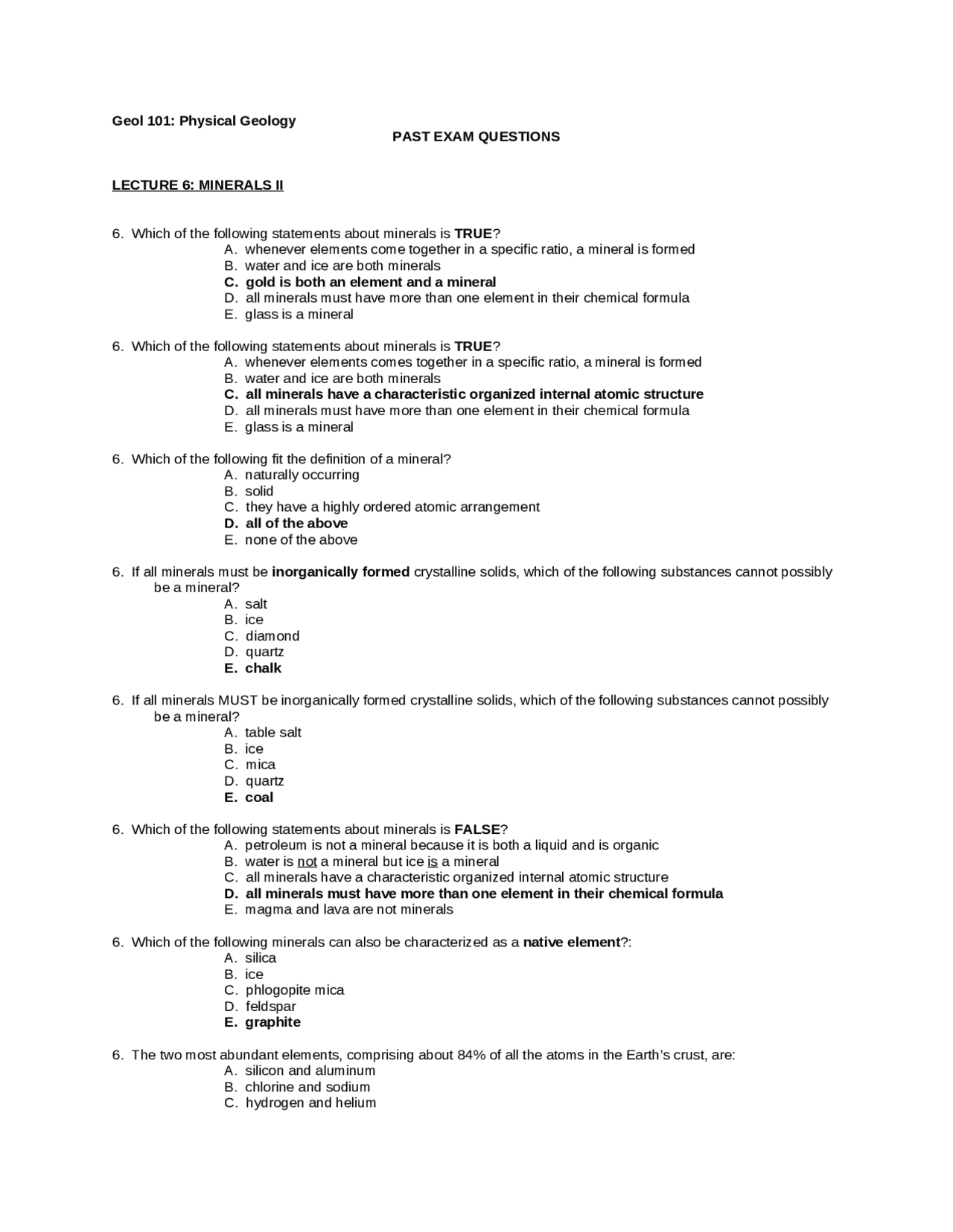 Solution To Past Exam Questions Physical Geology Geol 101 Exams