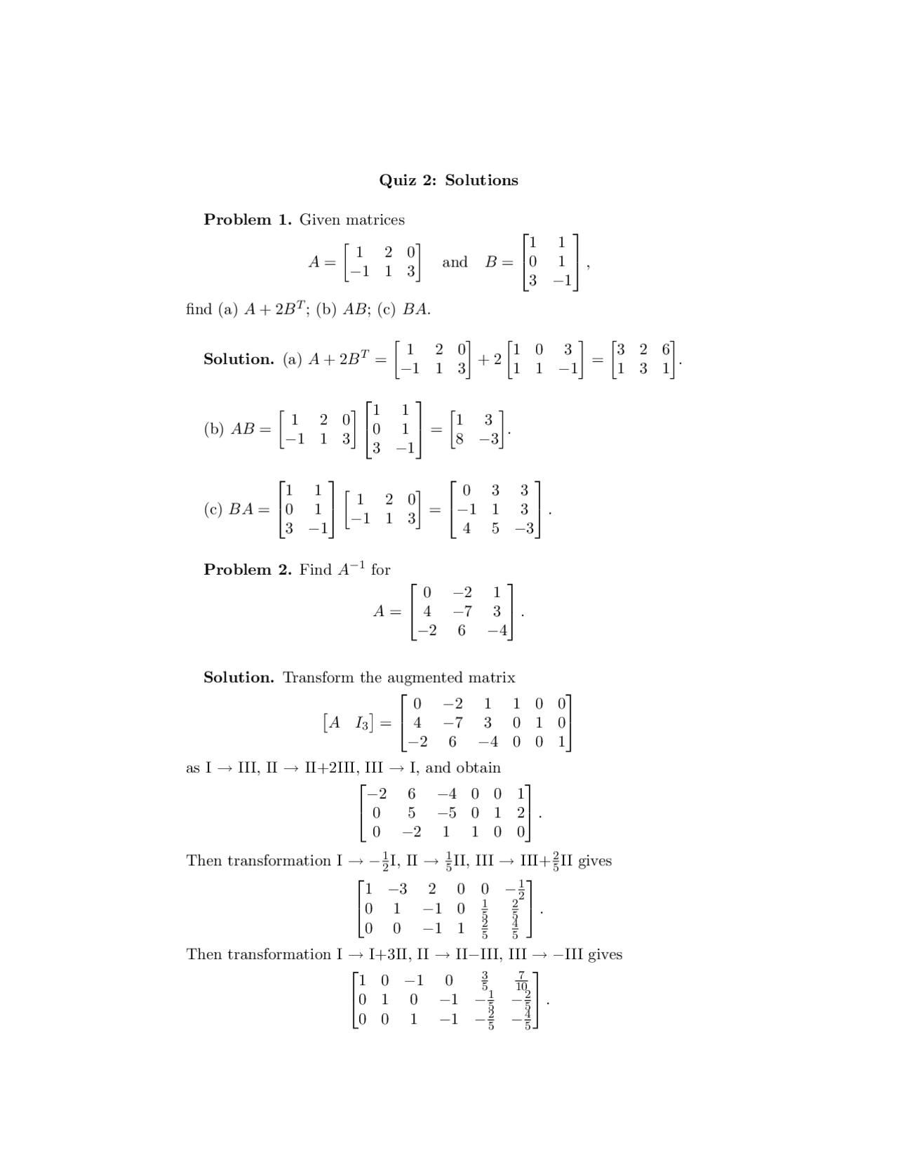 Quiz 2 With Solution Linear Algebra Math 201 Quizzes Linear