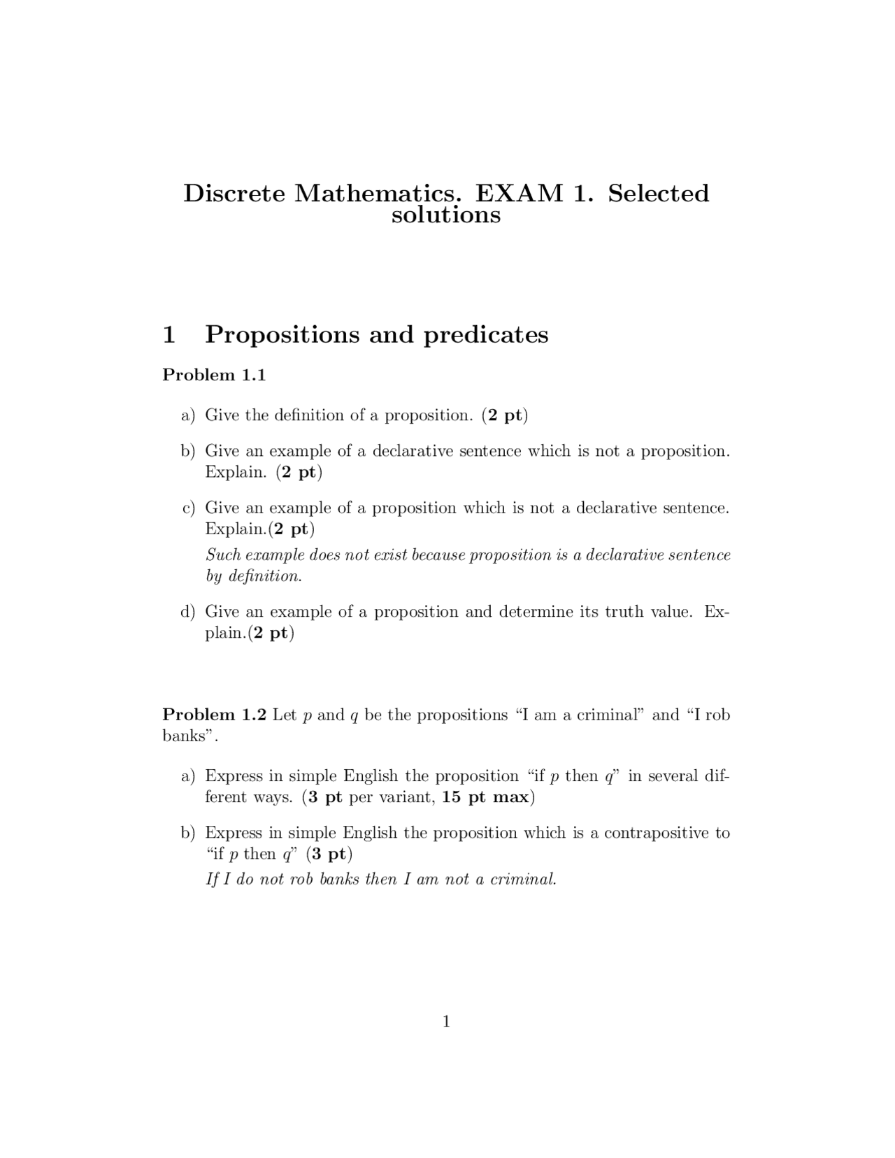 Exam 1 With Solution Key Discrete Mathematics Math 3336 Exams Discrete Mathematics Docsity