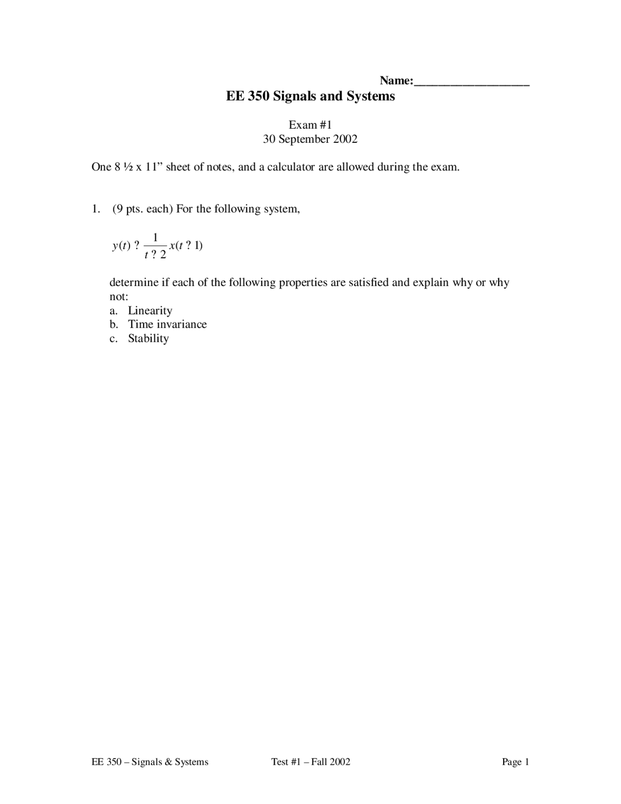 Exam 1 Questions Fall 2002 Signals And Systems Ece 350 Docsity
