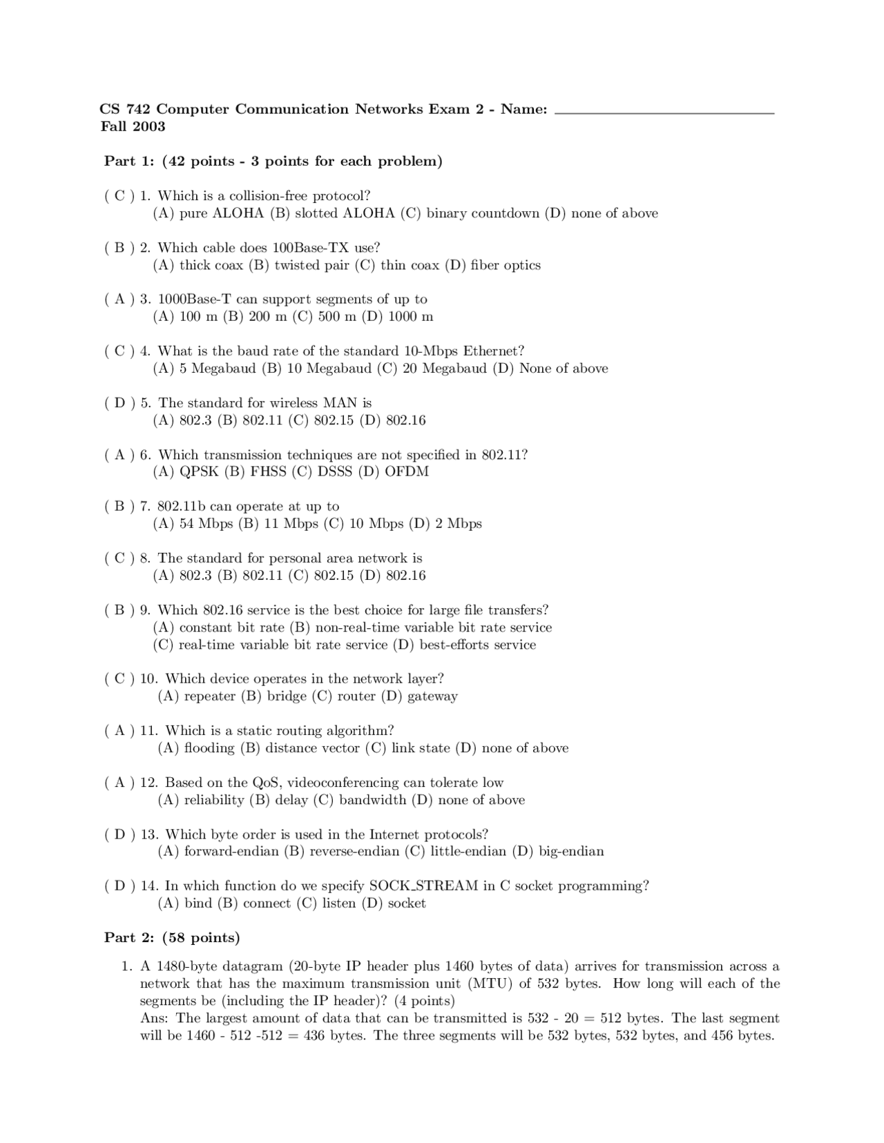 Exam 2 On Computer Communication Networks Cs 742 Docsity
