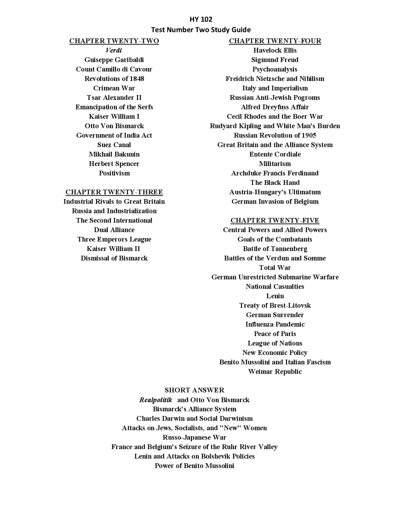 Test 2 Study Guide - History of Western Civilization II | HY 102 ...