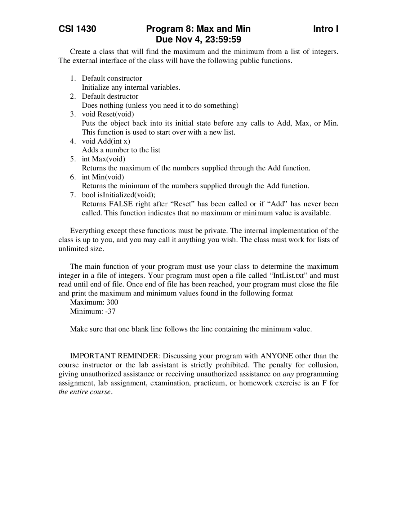 Program 8: Maximum and Minimum - Computer Science | CSI 1430 - Docsity