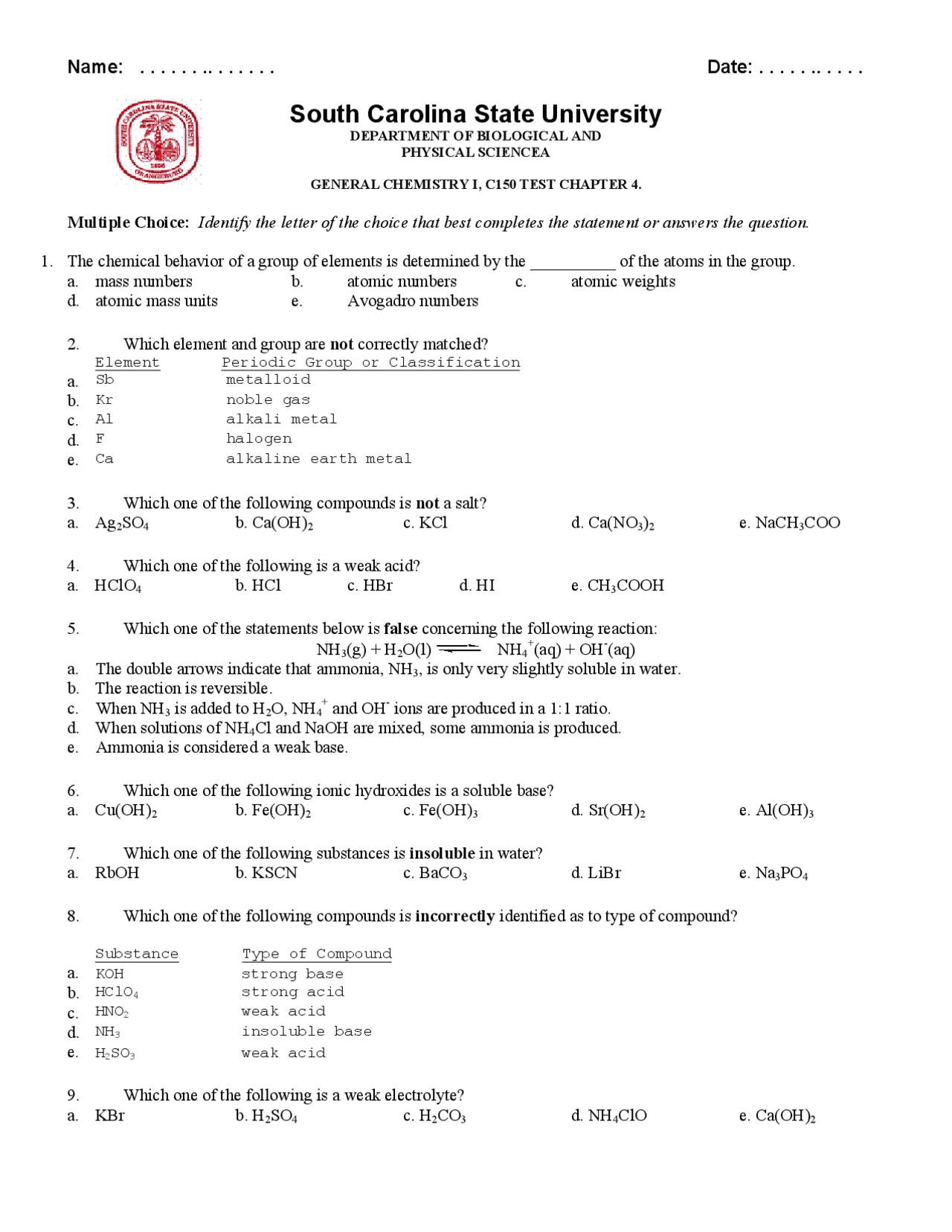 General Chemistry I Test 4 With Multiple Choice Questions C 150