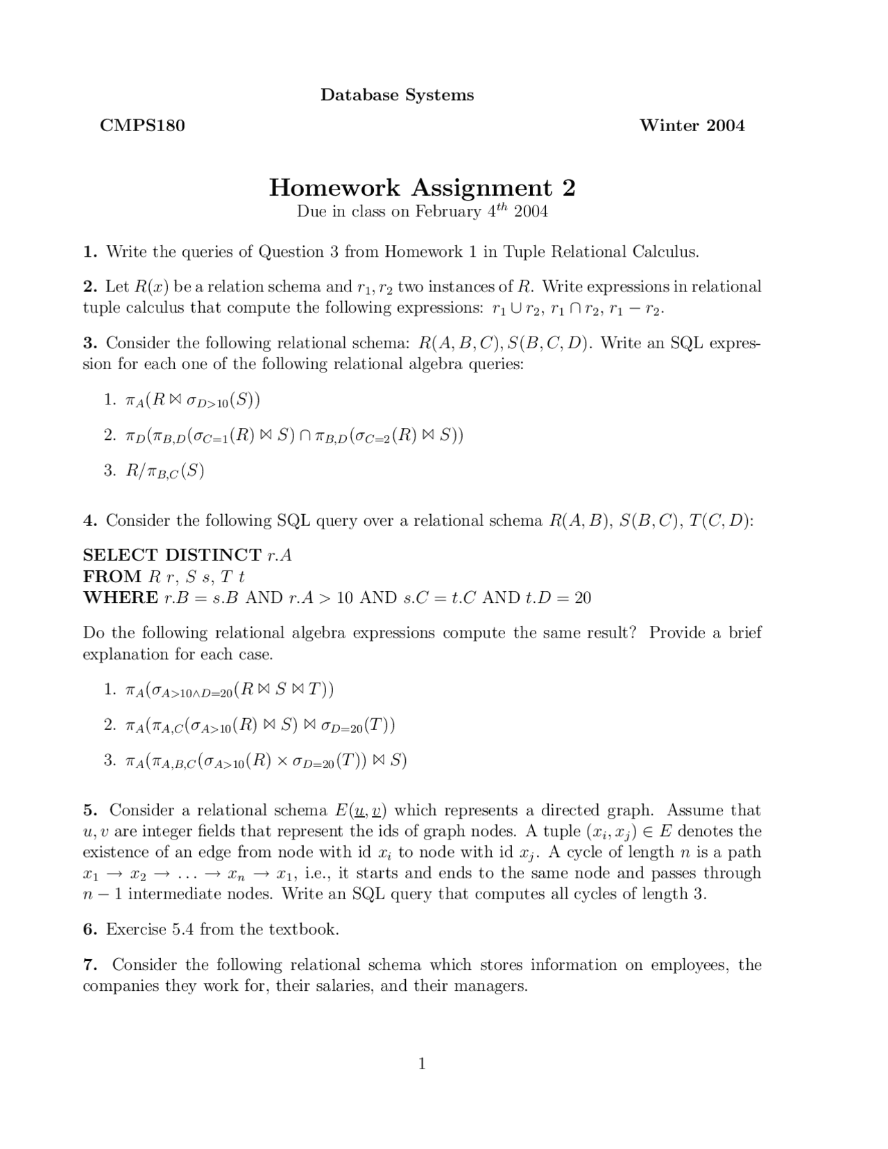 Database Systems Homework Assignment 2 for CMPS180 Winter 2004 | Assignments Database Management ...