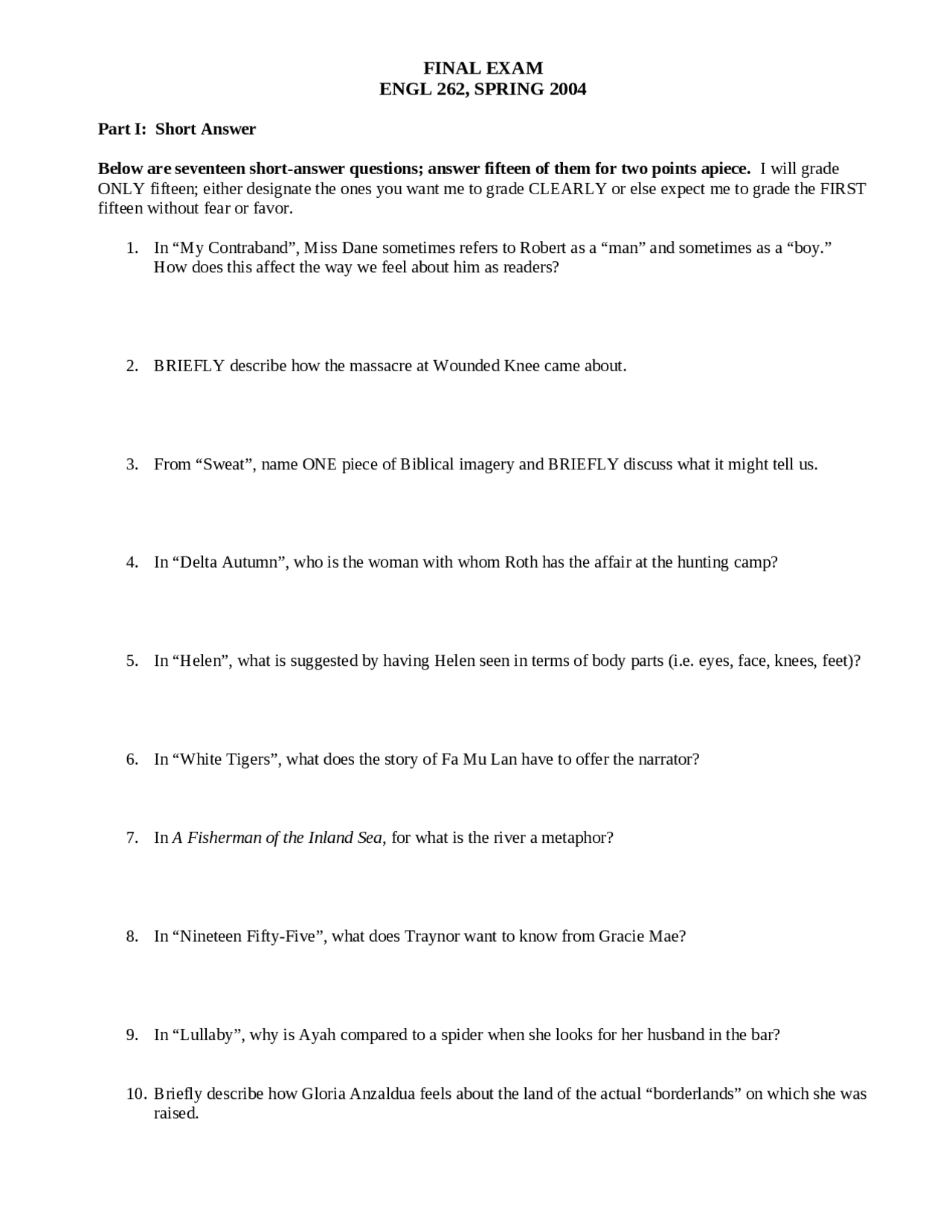 Survey American Literature II - Final Exam | ENGL 262 | Exams American ...