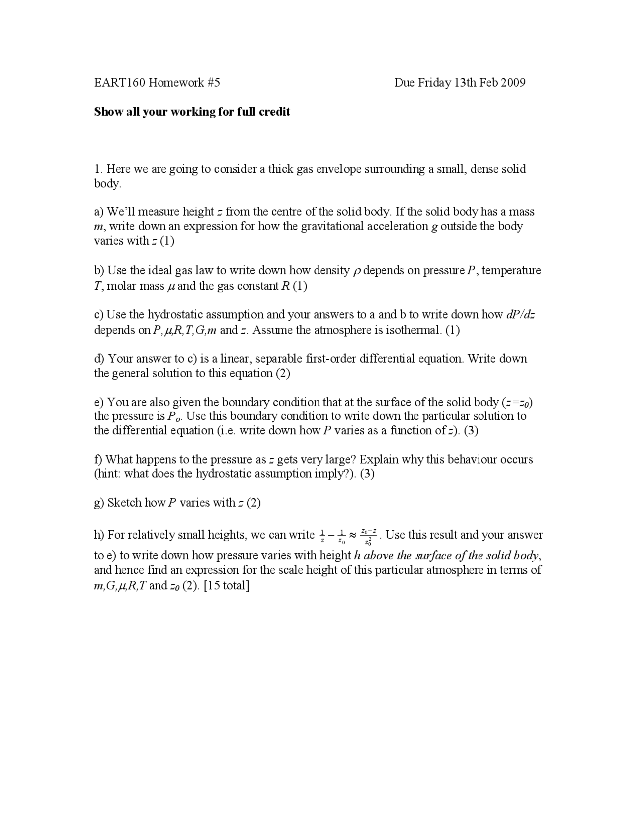 Homework 5 Problems For Planetary Science Eart 160 Docsity
