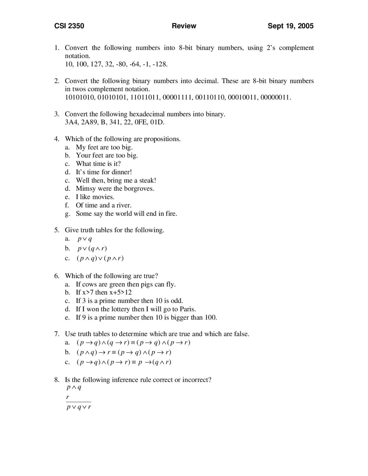 Discrete Structures Midterm Review Sheet Csi 2350 Docsity