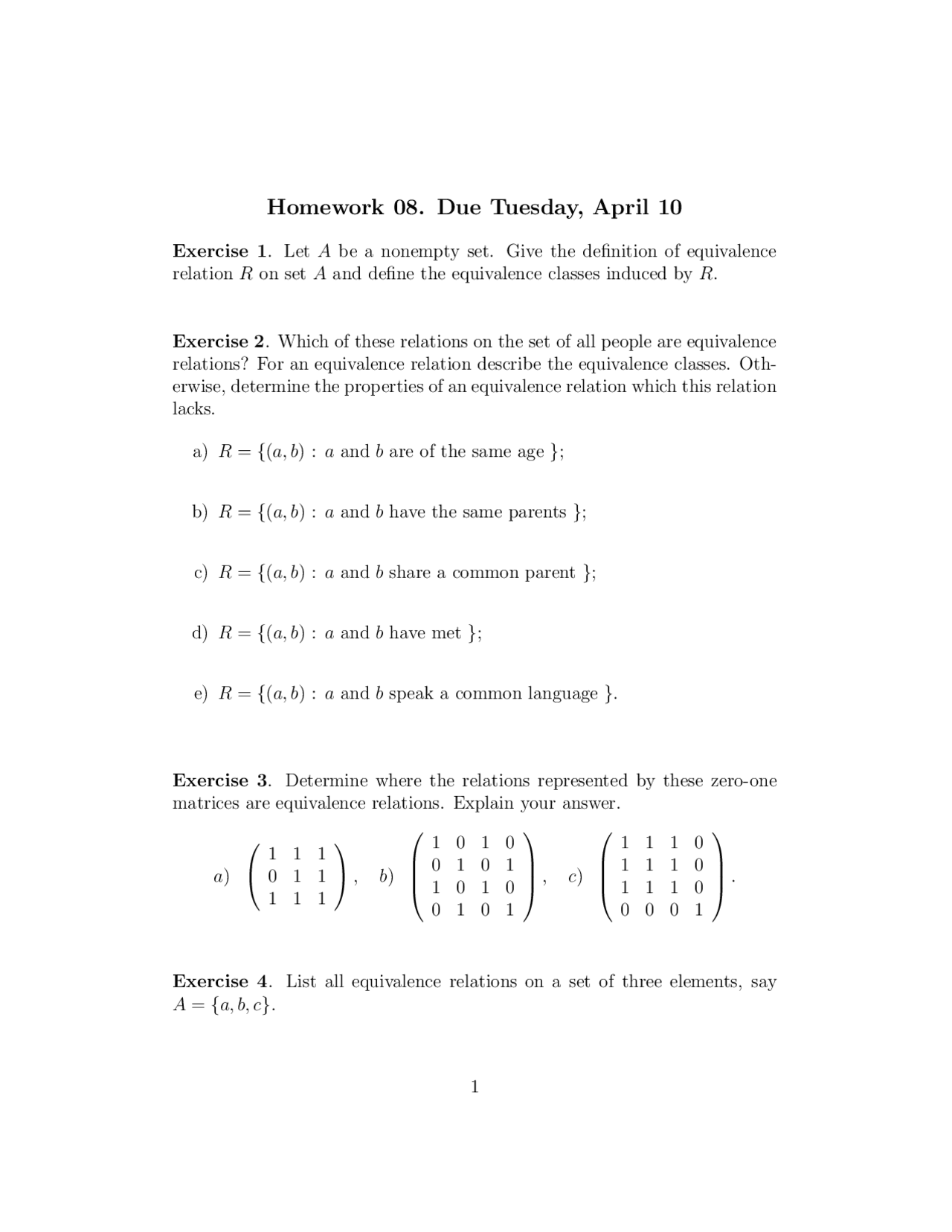 10 Questions On Equivalence Relations Homework 8 Math 3336 Docsity