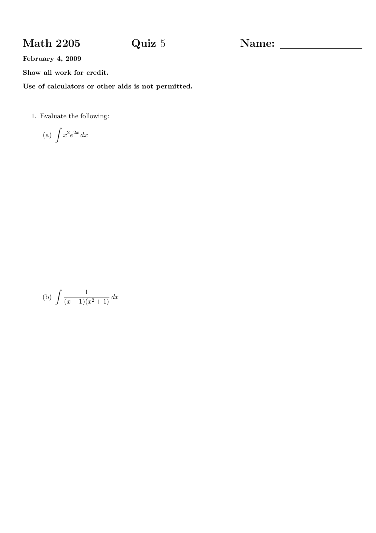 Sample Quiz 5 Questions - Calculus II | MATH 2205 - Docsity