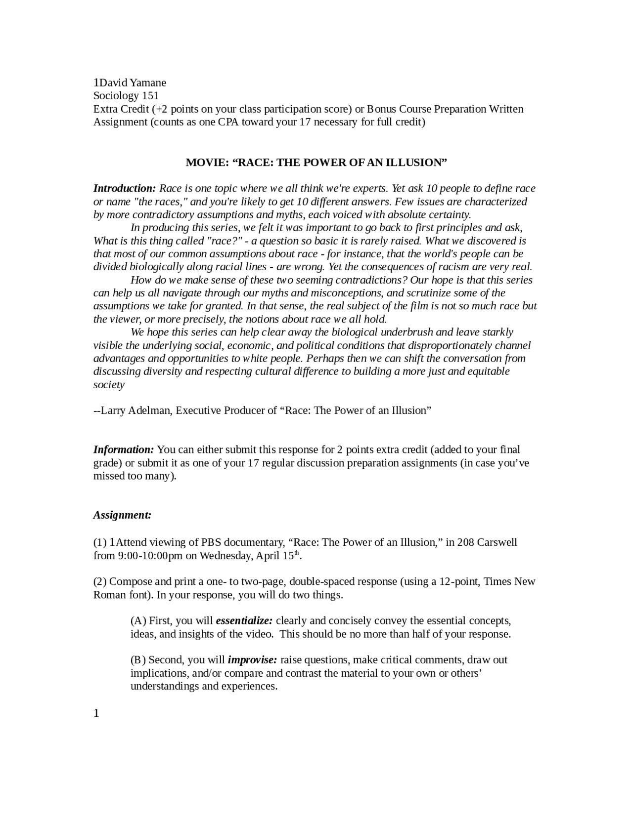 Movie: Race "the Power of an Illusion " | SOC 151 - Docsity