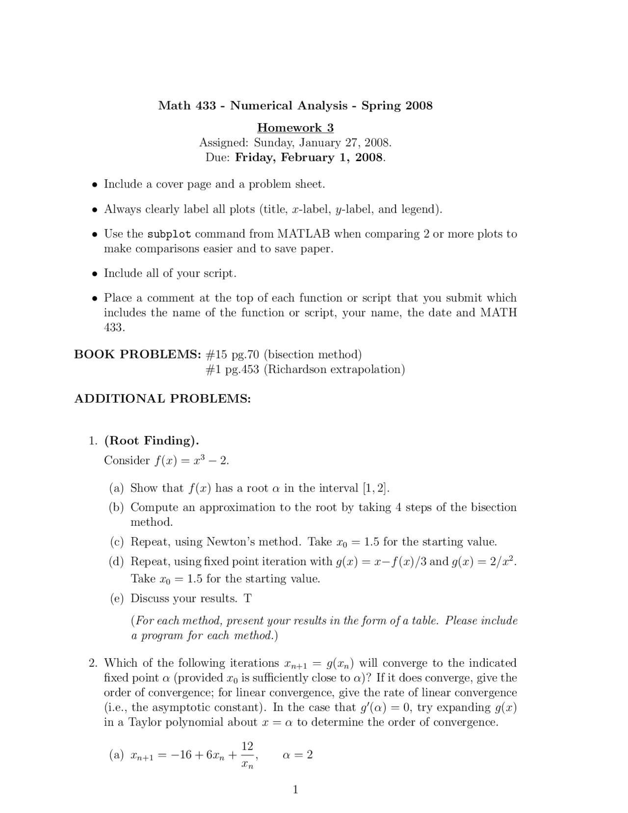 Homework 3 For Numerical Analysis Fall 2008 Math 433 Docsity