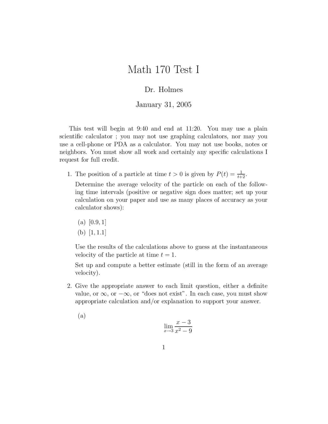 8 Questions Test 1 Calculus I Math 170 Docsity