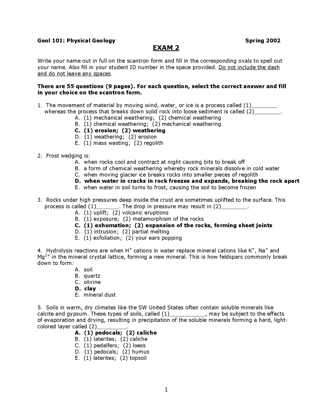 Solved Exam 2 For Physical Geology Fall 2002 Geol 101 Docsity