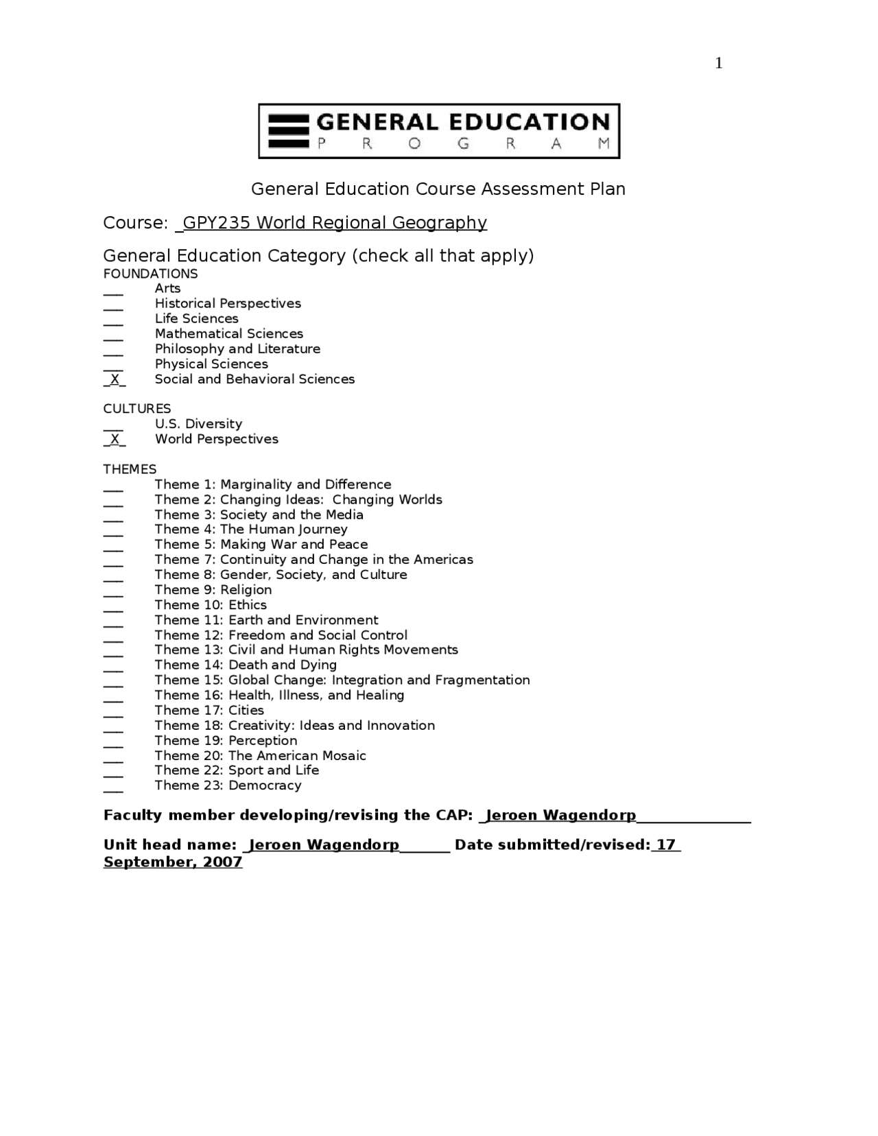 General Education Assessment Plan - World Regional Geography | GPY 235 ...