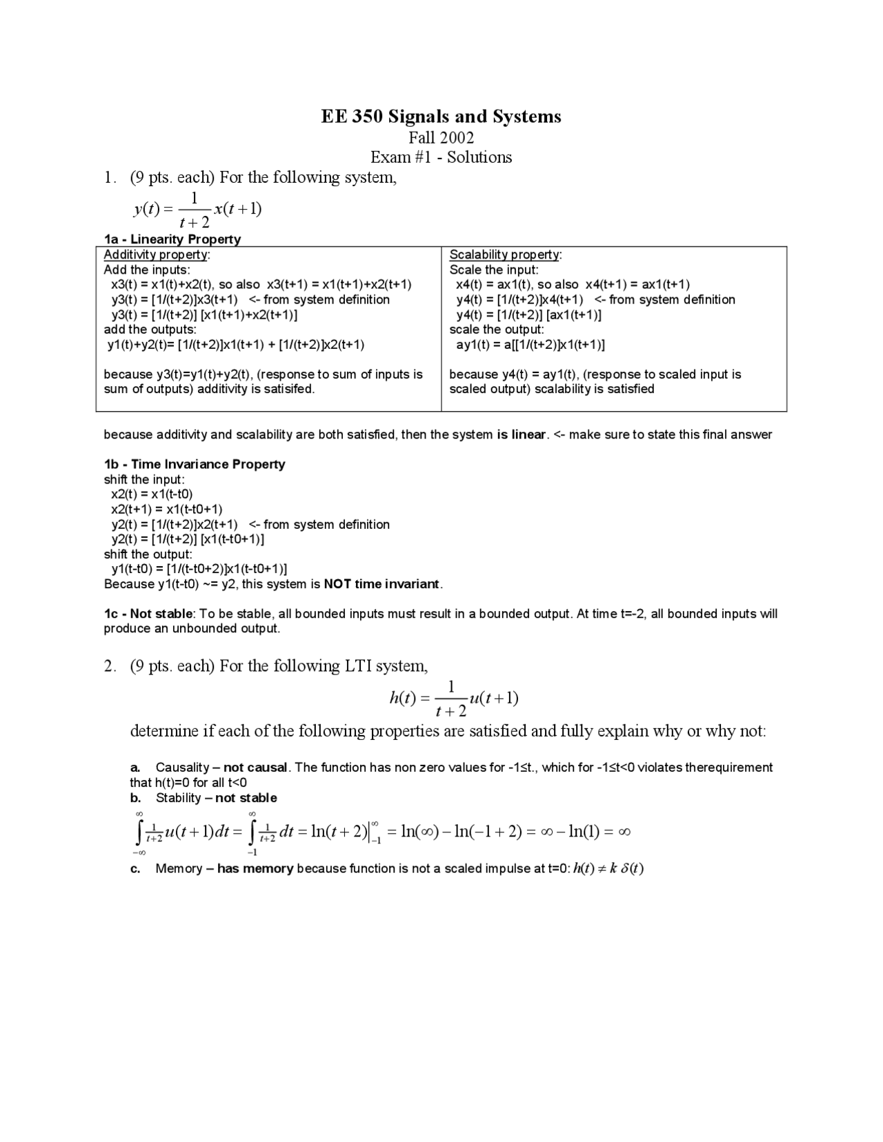 Exam I Solutions For Signals And Systems Ece 350 Docsity