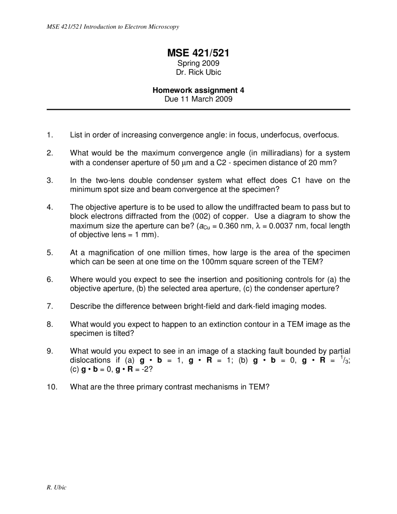 Homework 4 For Introduction To Electron Microscopy Mse 421 Docsity