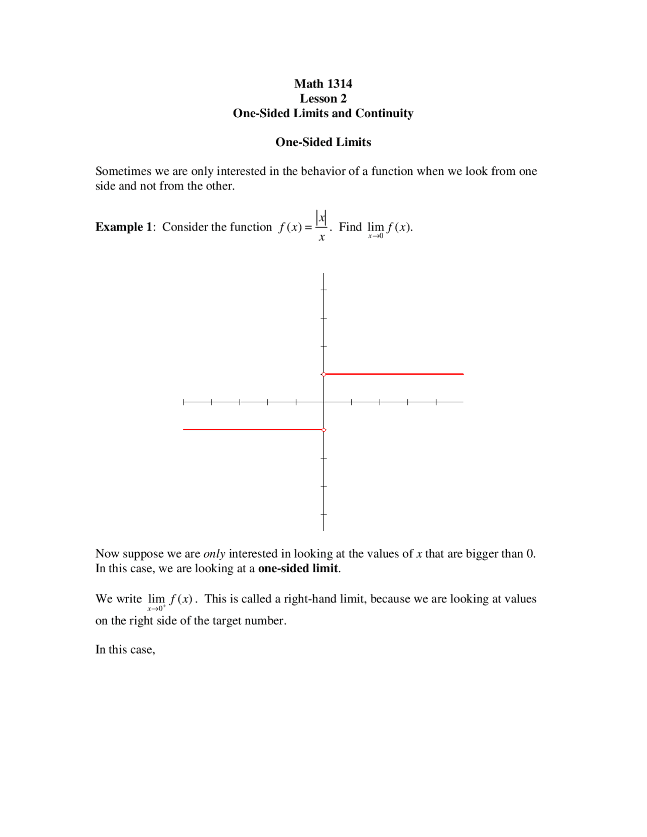 One Sided Limits And Continuity Lecture Notes Math 1314 Docsity