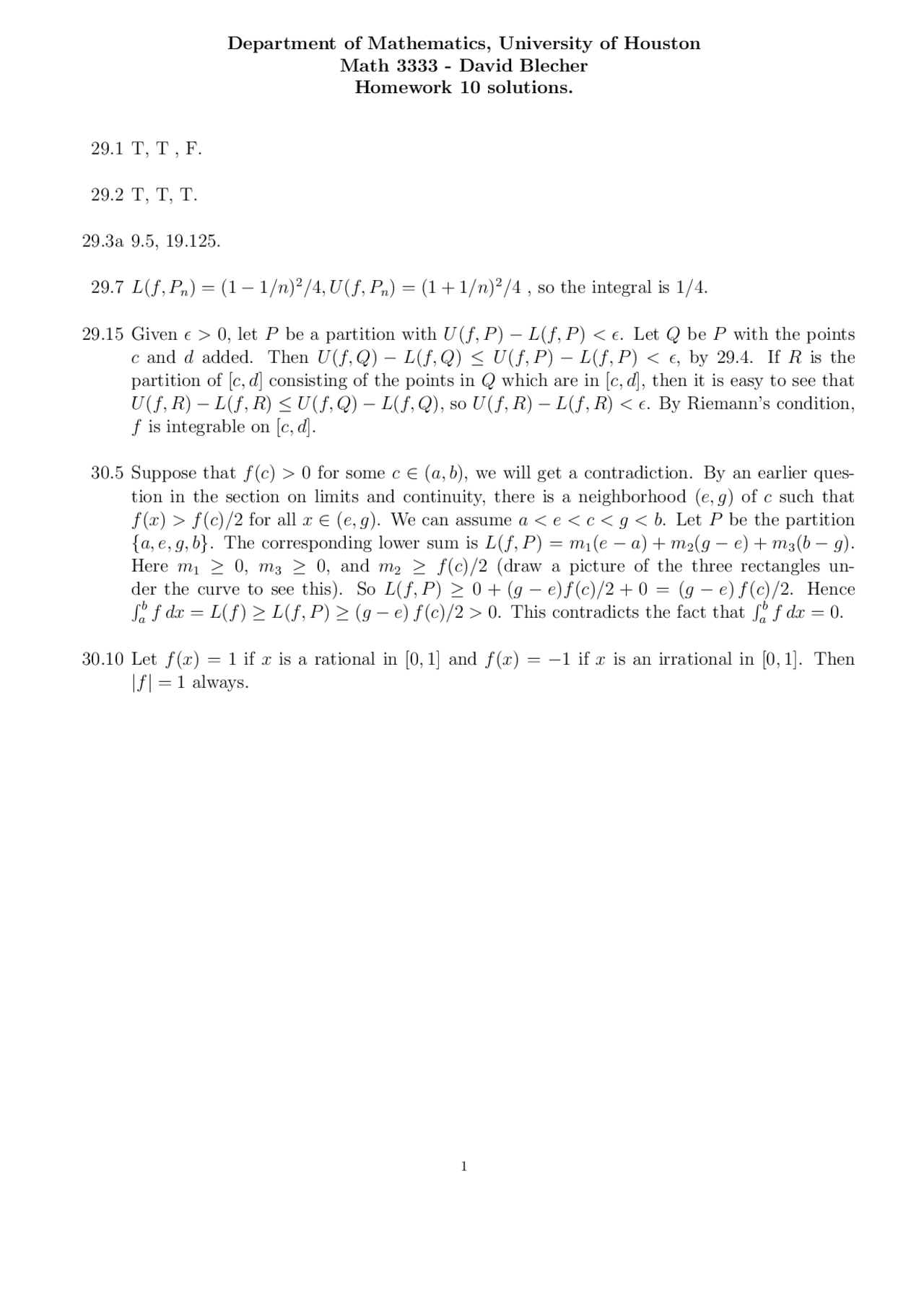 6 Problems on Intermediate Analysis - Assignment 10 | MATH 3333 - Docsity