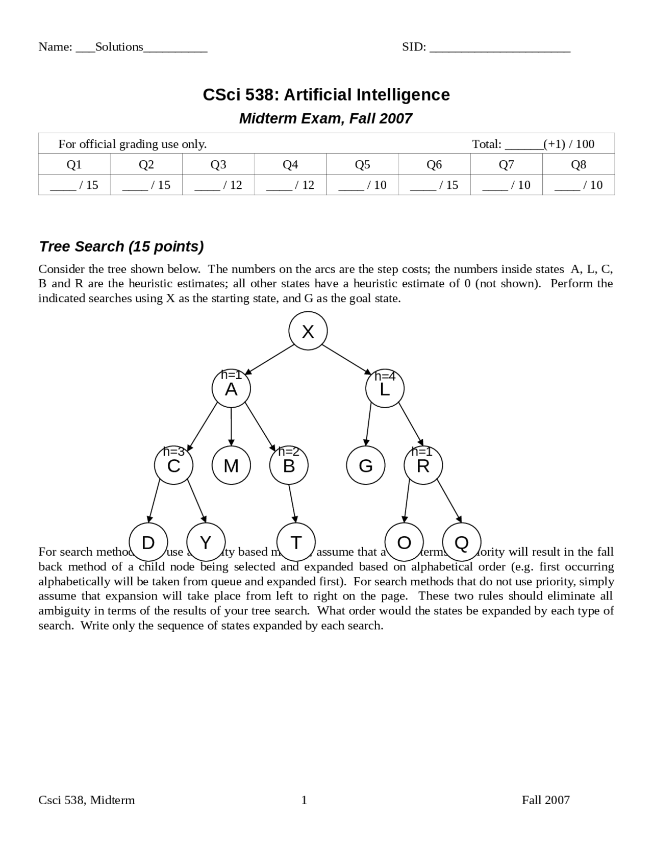 Artificial Intelligence Solved Midterm 2007 Csci 538 Docsity