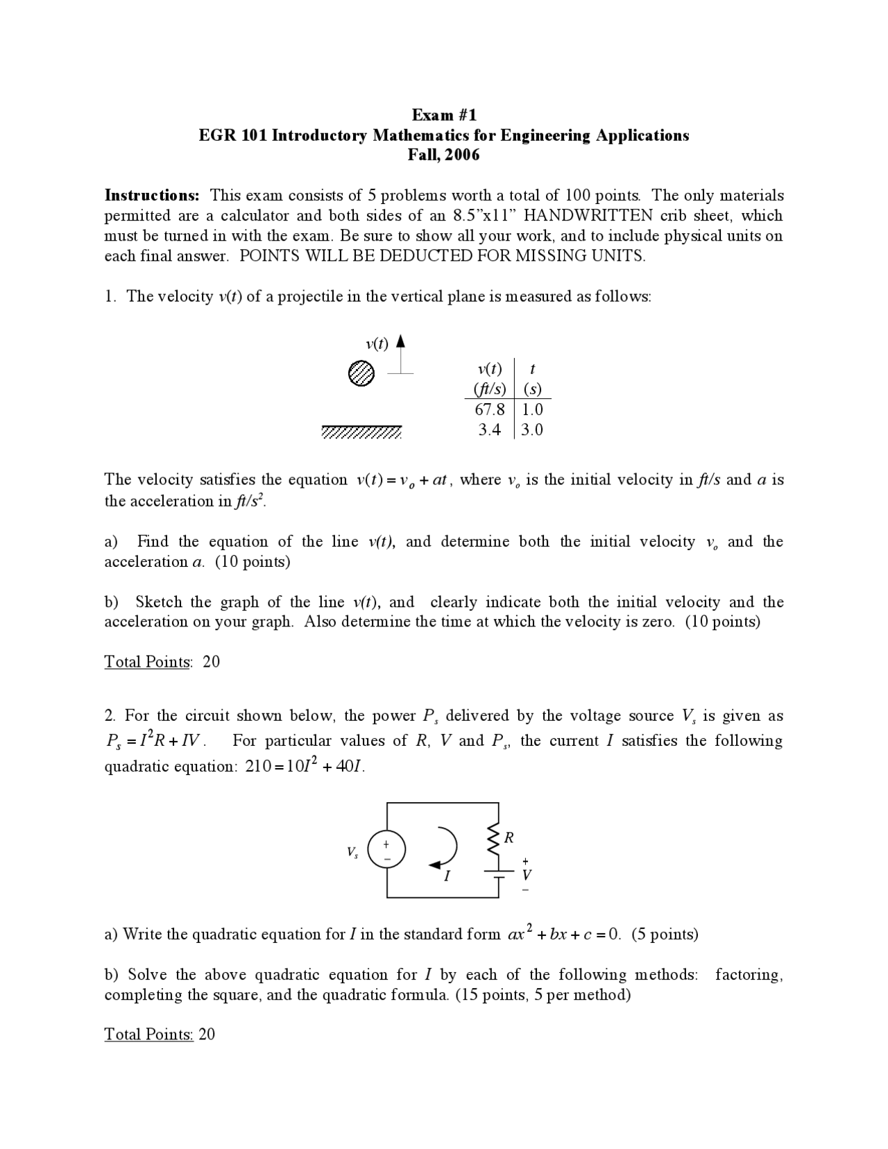 Introductory Mathematics For Engineering Applications Exam 1