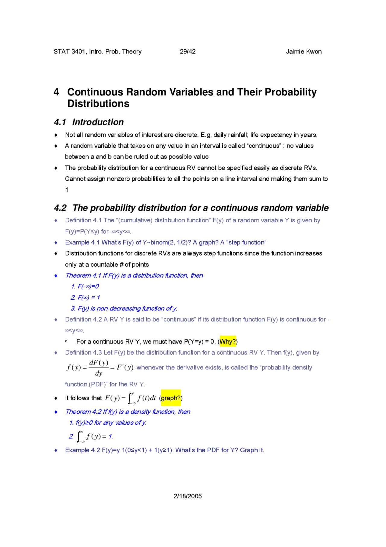 Continuous Random Variables and Their Probability Distribution | STAT 3401 - Docsity