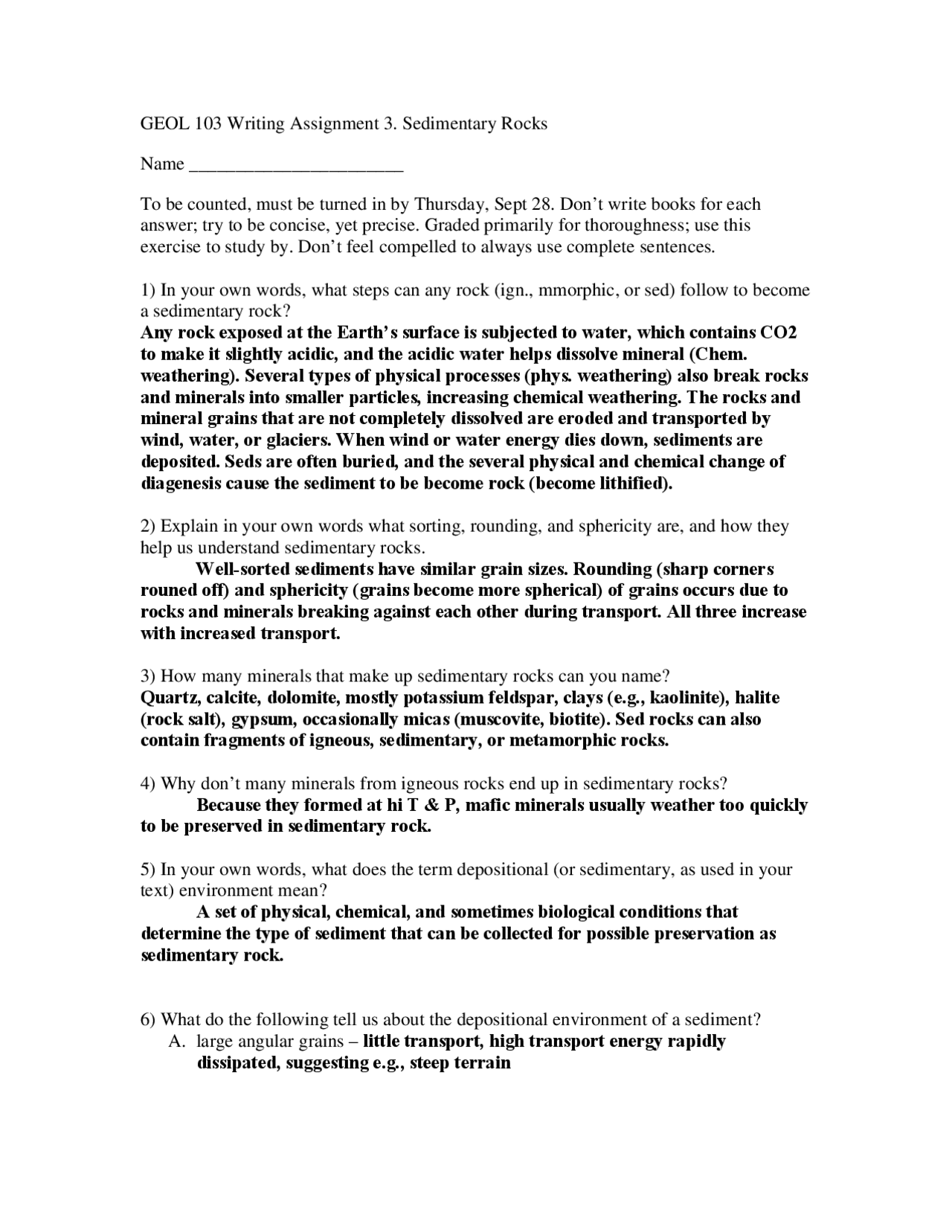 Introduction To The Sedimentary Rocks Assignment 3 Geol 103 Docsity