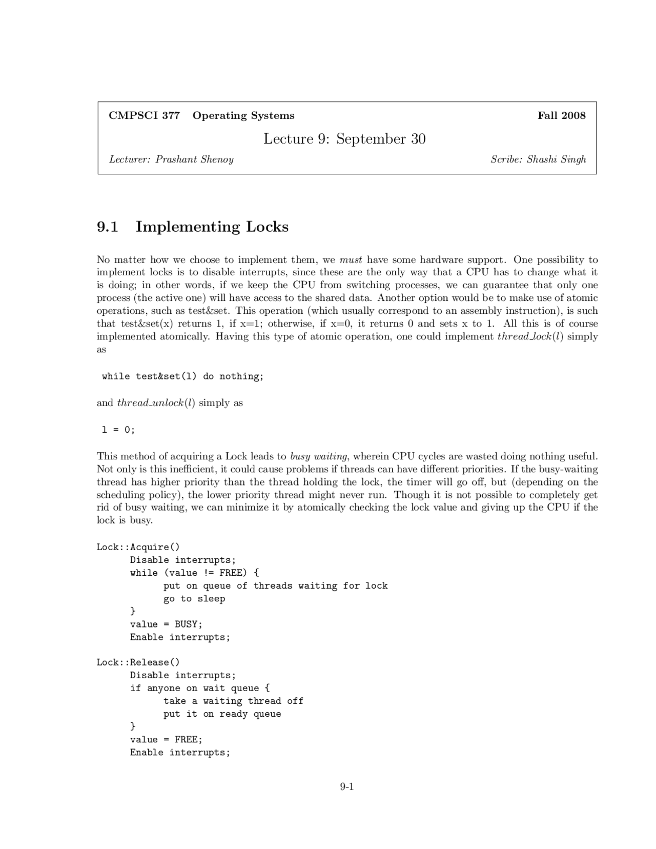 Notes On Implementing Locks Semaphores Operating Systems Cmpsci 377 Docsity
