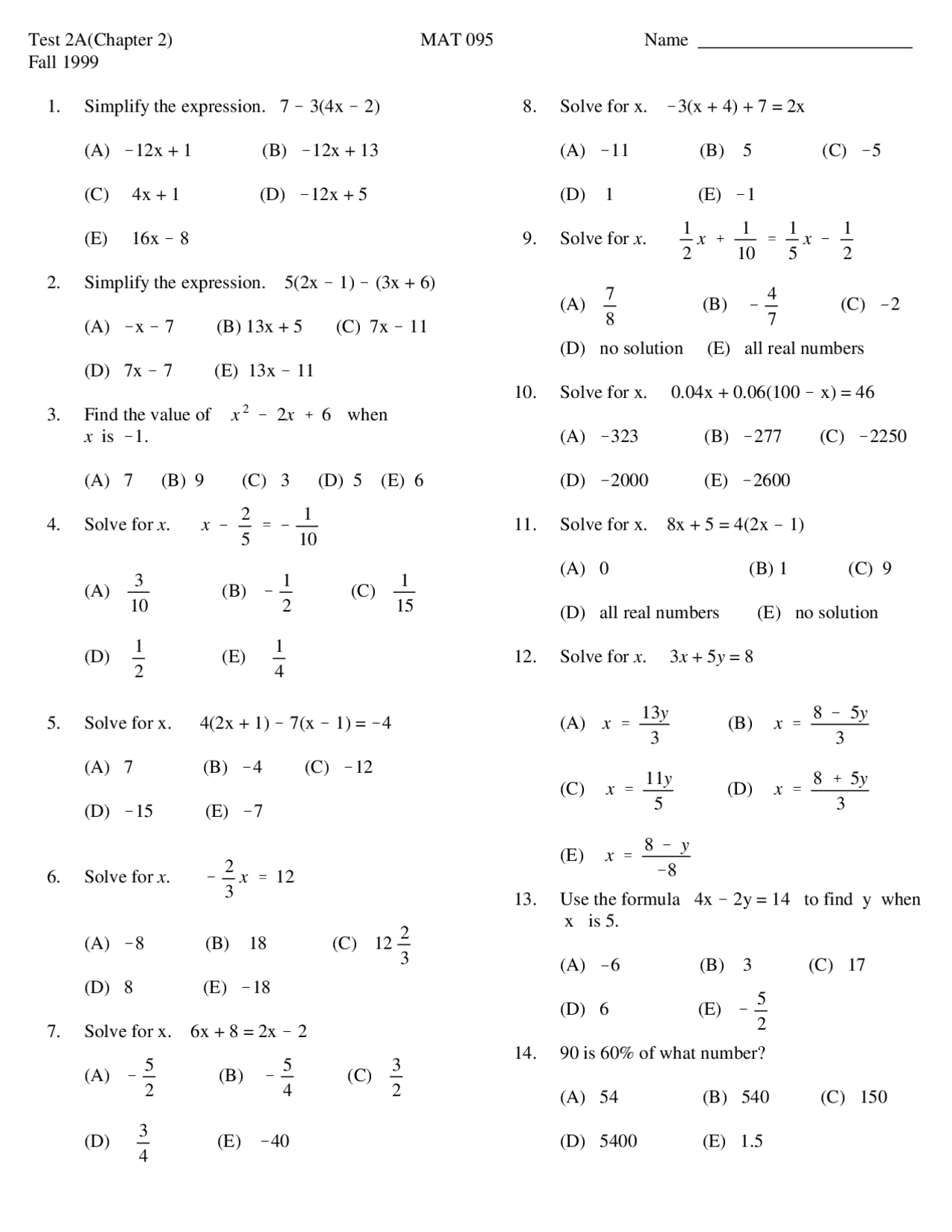 25 Multiple Choice Question with Answer Key - Test 2 | MAT 095 - Docsity
