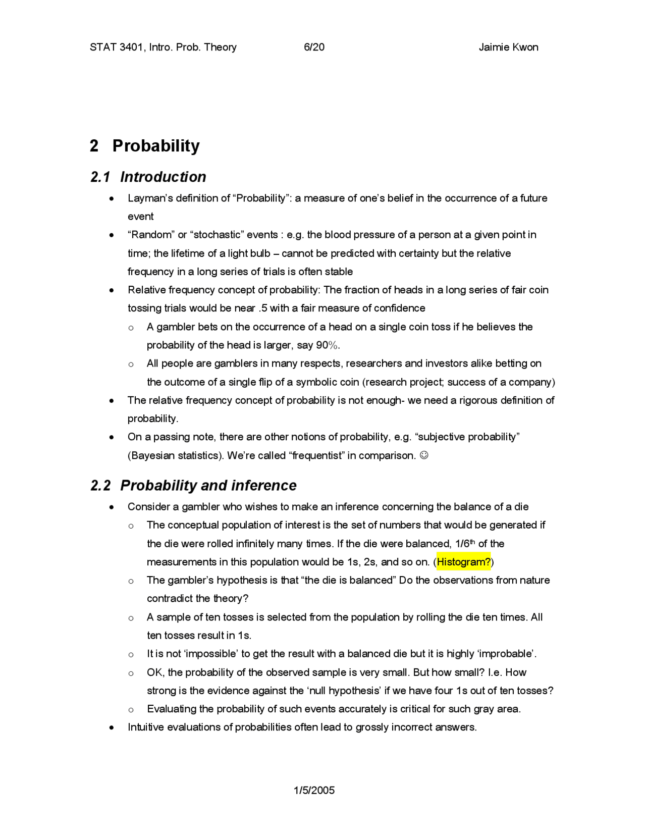 Probability Experiment - Introduction to Probability Theory I | STAT 3401 - Docsity