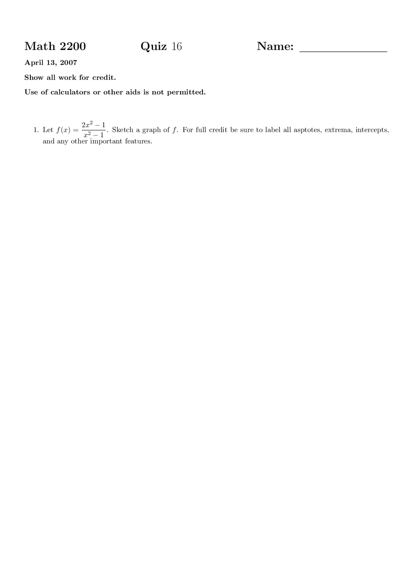Sketch Graph Of The Function Calculus I Quiz 16 Math 2200 Docsity