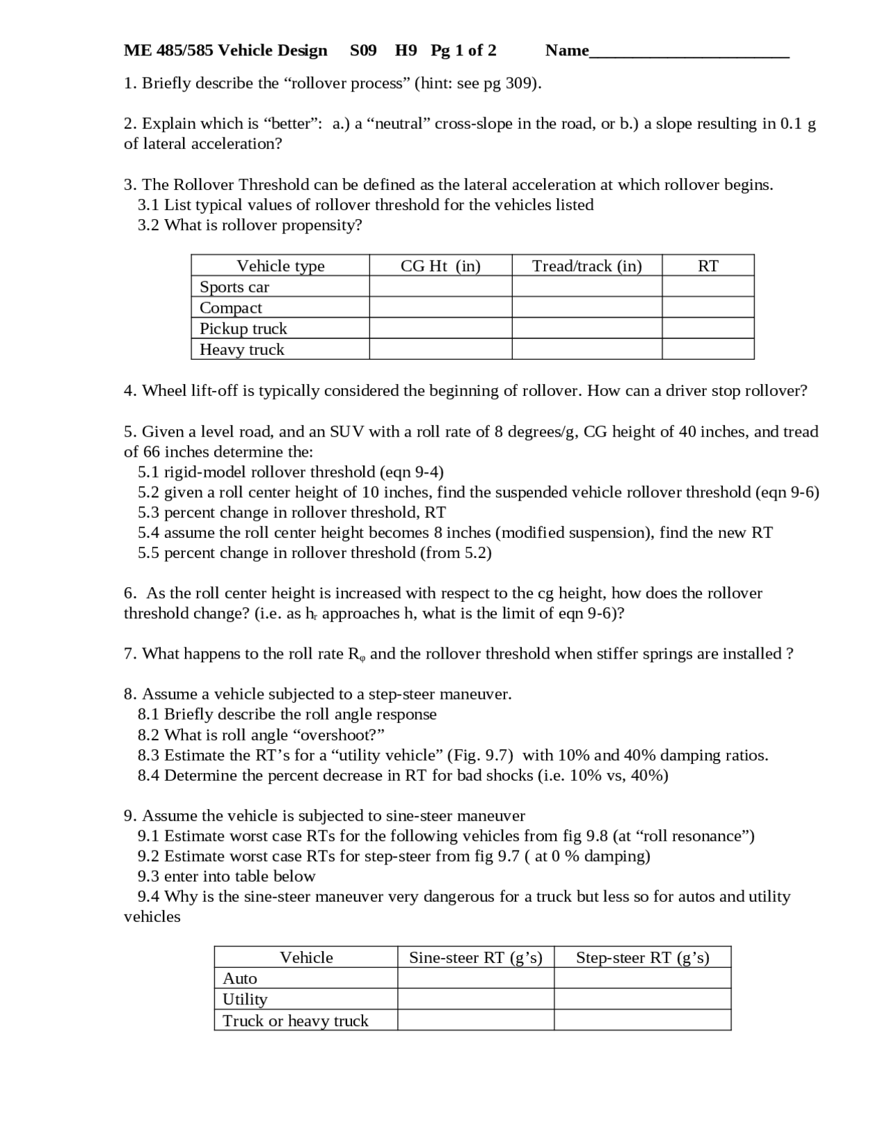 12 Unsolved Questions on Vehicle Design | ME 485 - Docsity