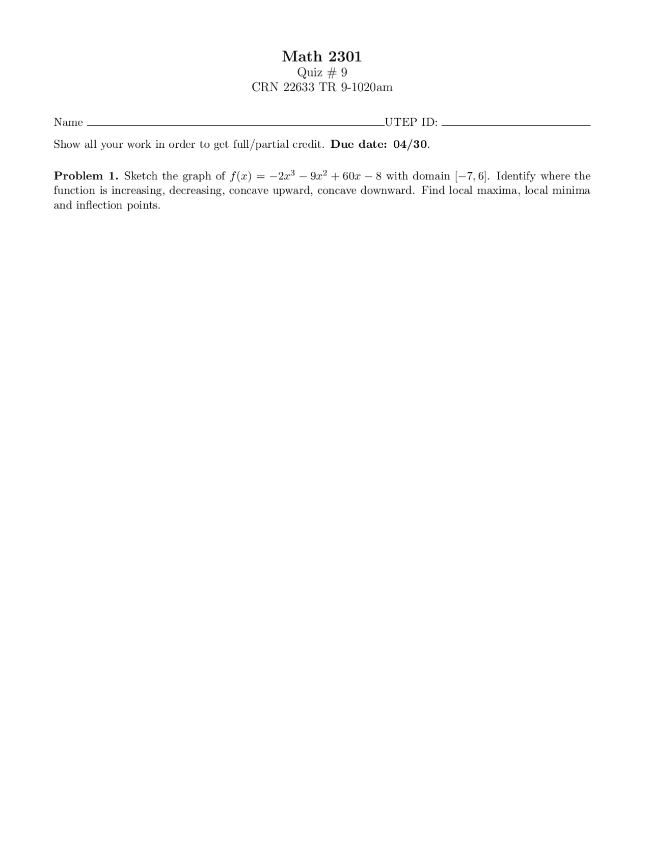 Quiz 9 Problem Mathematic For Social Sciences Ii Math 2301 Docsity