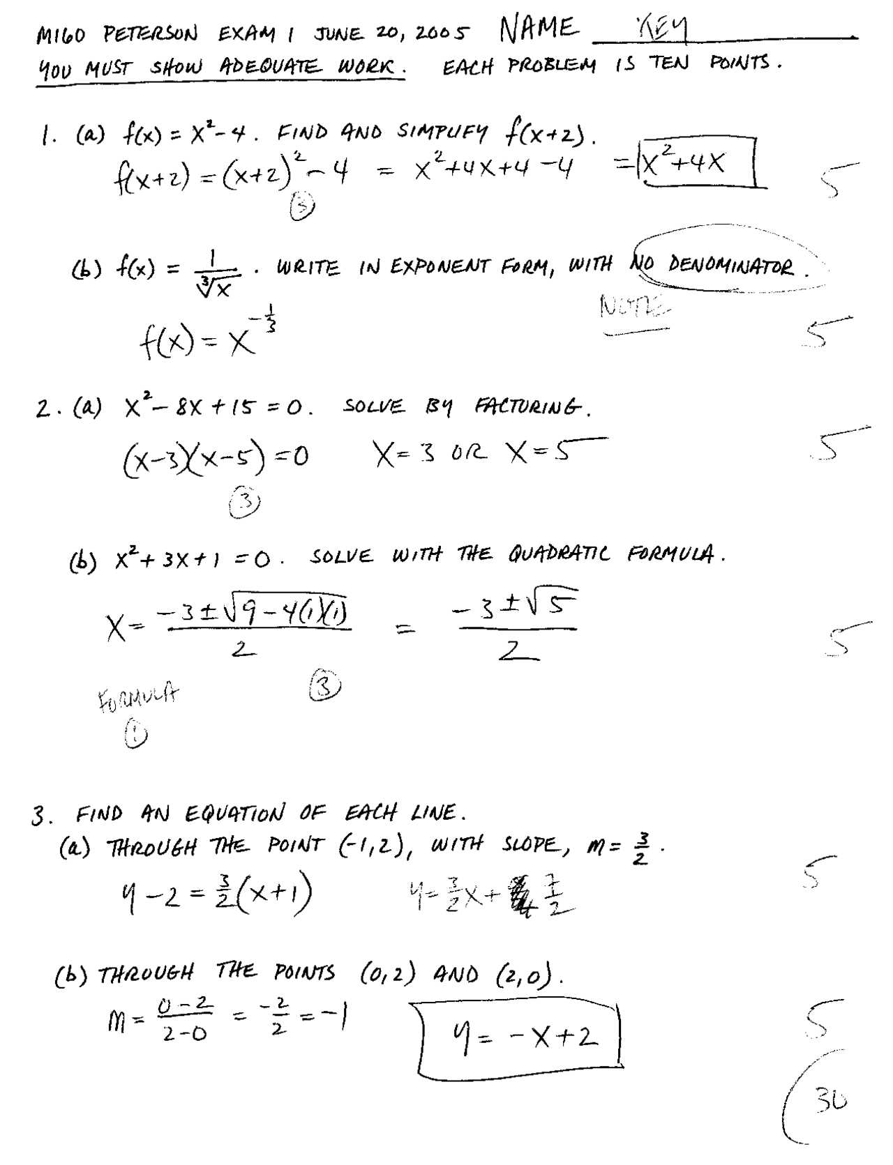 Exam 1 With Answer Key Survey Of Calculus Math 160 Docsity