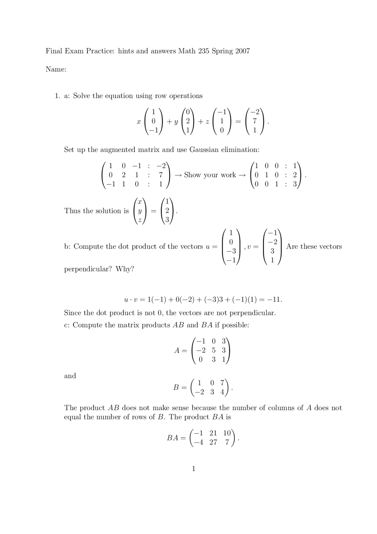 Solved Questions For Practice Final Exam Introduction Linear Algebra