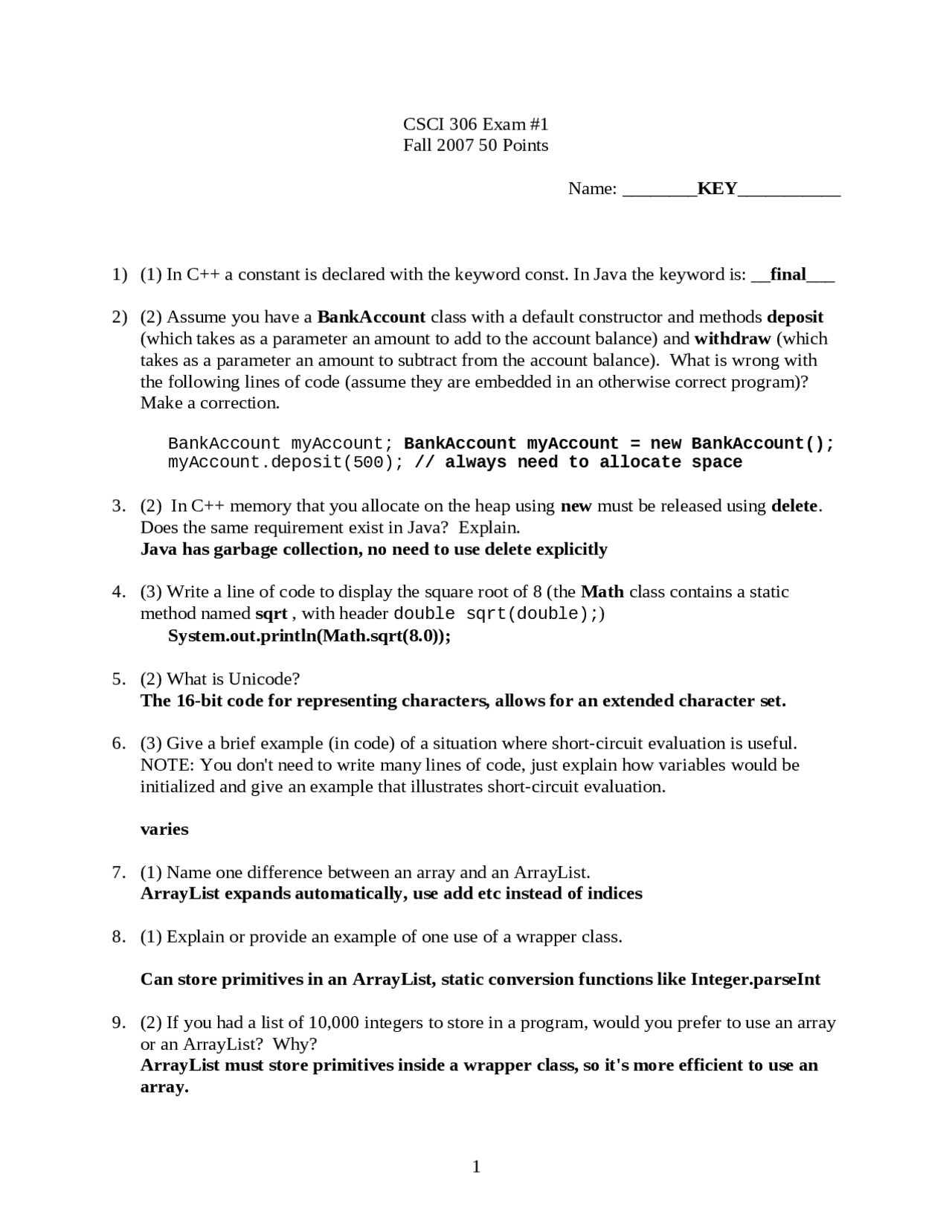 Past Exam 1 With Answer Key Software Engineering Csci 306 Exams Software Engineering Docsity