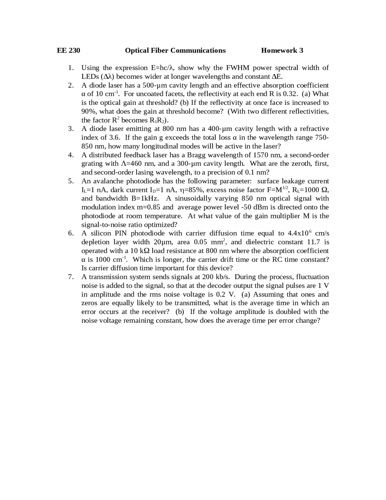 Assignment 3 Optical Fiber Communication Ee 230 Docsity
